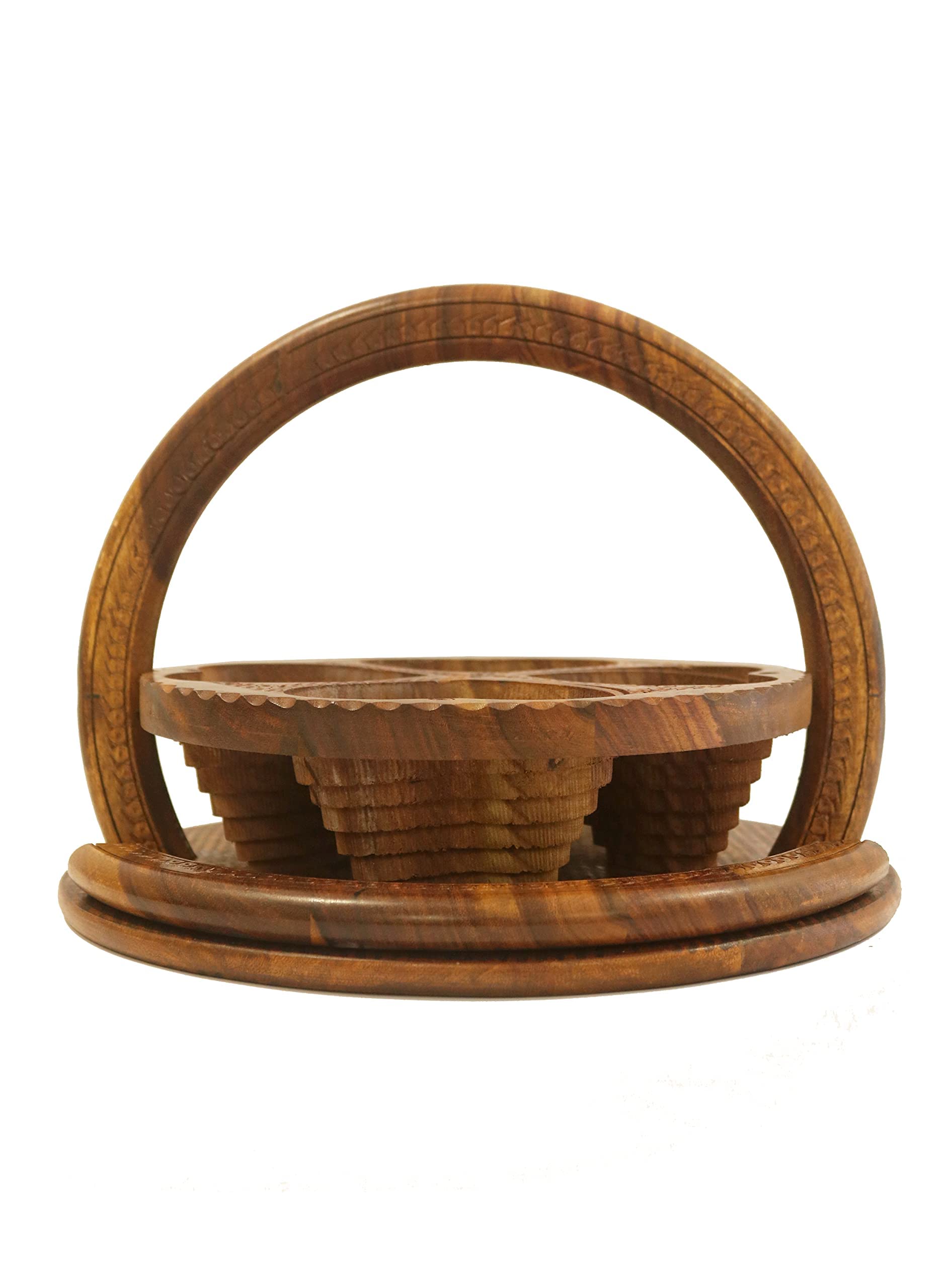 SKEZ Decorative Wooden Collapsible Fruit Basket (12"x12"x12") Elegant Wooden Foldable Fruit Basket Circular Hand Crafted Wooden Trivet Multipurpose (5 Partitions)