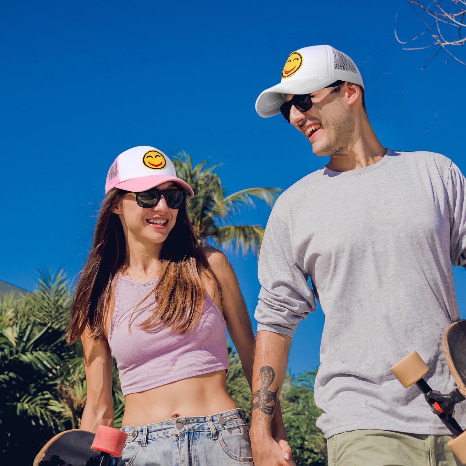 Smile Face Trucker Hat Women Snap Backs Caps for Men Adjustable Yellow Glitter Mesh Baseball Ha