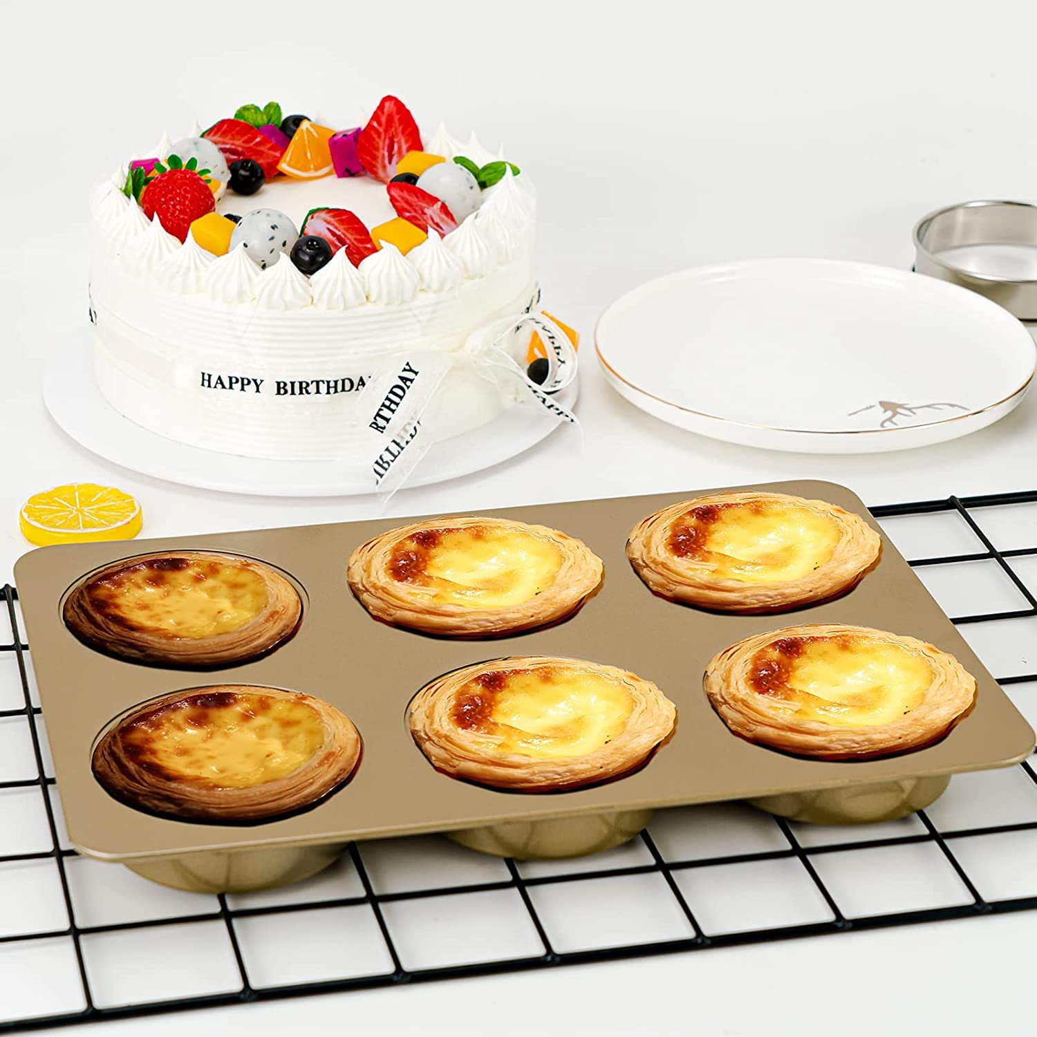Muffin Top Pan, Hamburger Bun Pan, 6 Cavities Baking Tray,3.5 inches, for Baking Hamburgers, Cakes, Muffins and Poached Eggs Gold