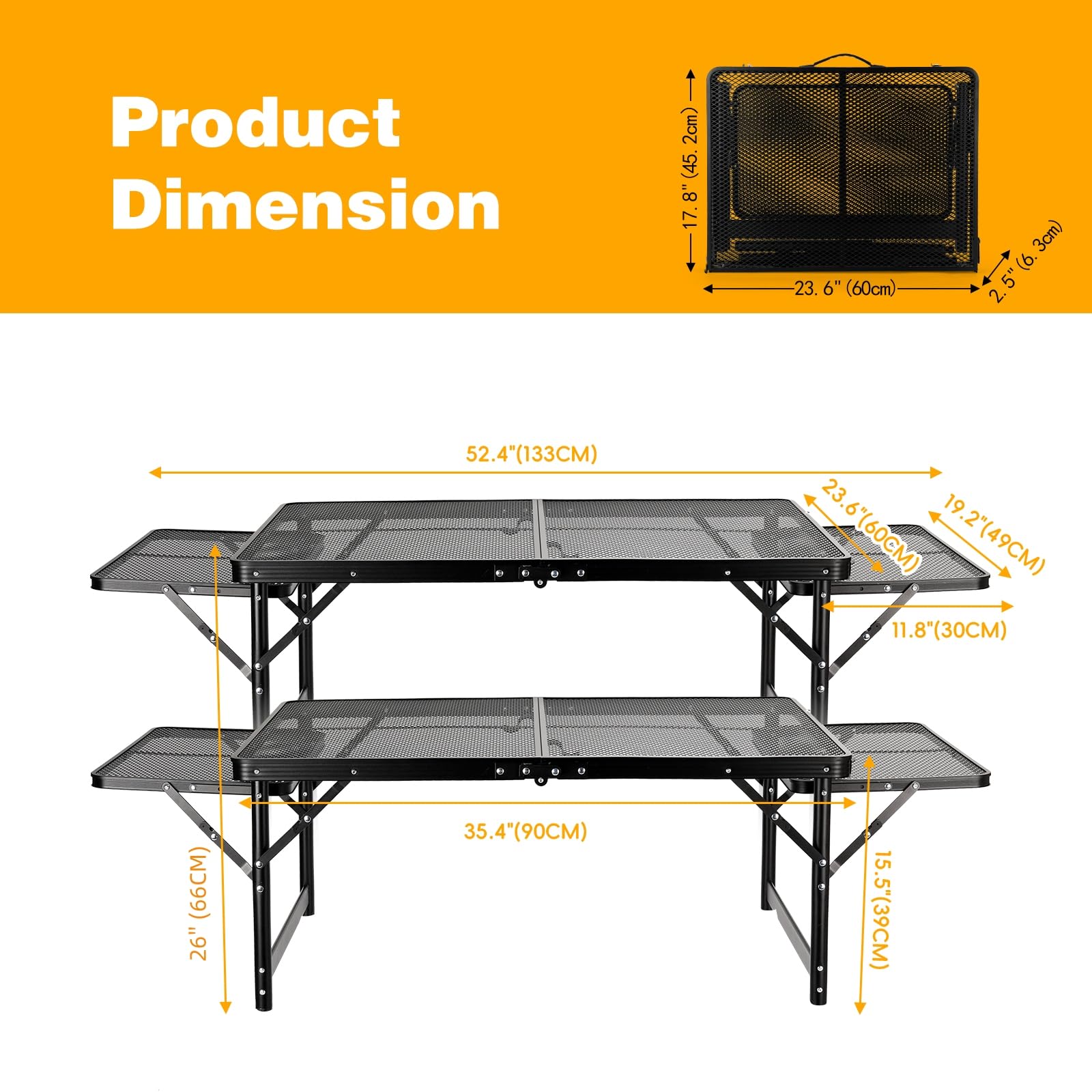 Moosinily Folding Camping Table 4 Ft Foldable Picnic Table 3 Height Adjustable Portable Camp Kitchen with Oxford Storage Outdoor Black 47.2×18.5 inch