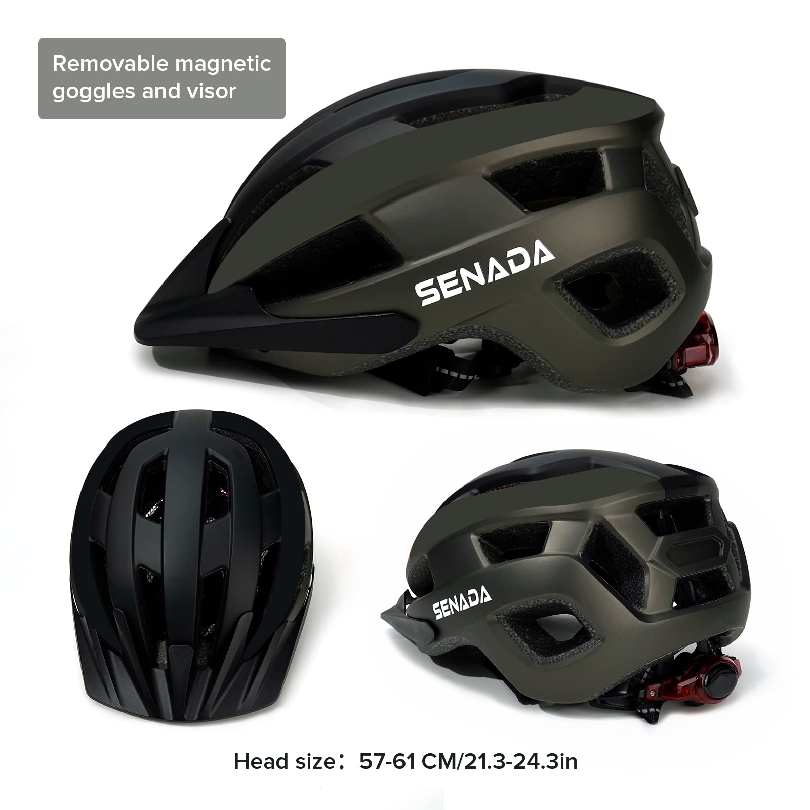 SENADA Adults Bike Helmet with Sun Visor with Detachable Goggles Adjustable Size Cycling Helmets Mountain Bicycle Helmets for Women and Men (Black)