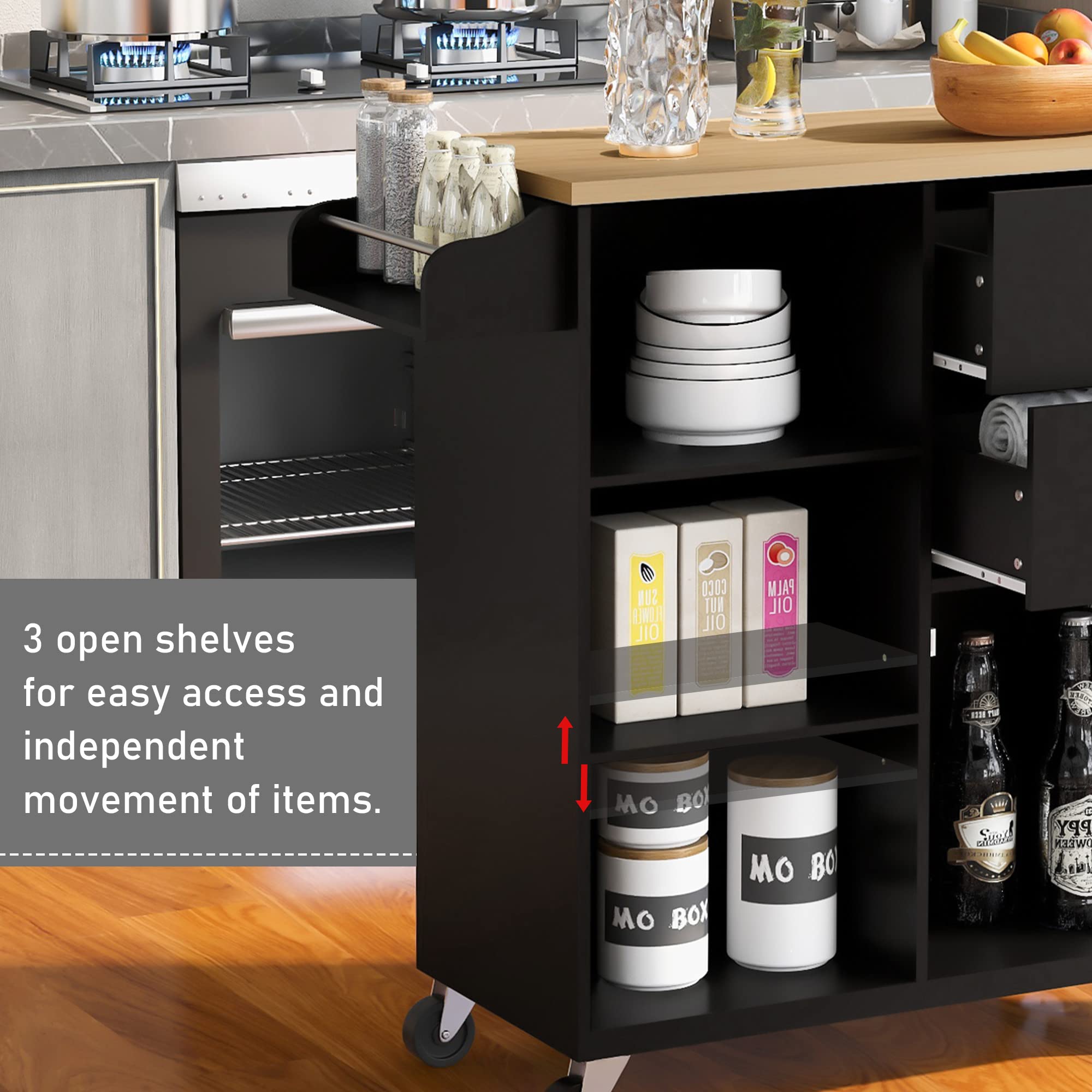 Mobile Kitchen Cart,Sideboard on 4 Wheels with 2 Drawers and 3 Open Shelves,Kitchen Island with Rubber Wood top,Storage Cabinet,Drawer, Spice Rack, Towel Rack, Kitchen Cart for Kitchen (Black)