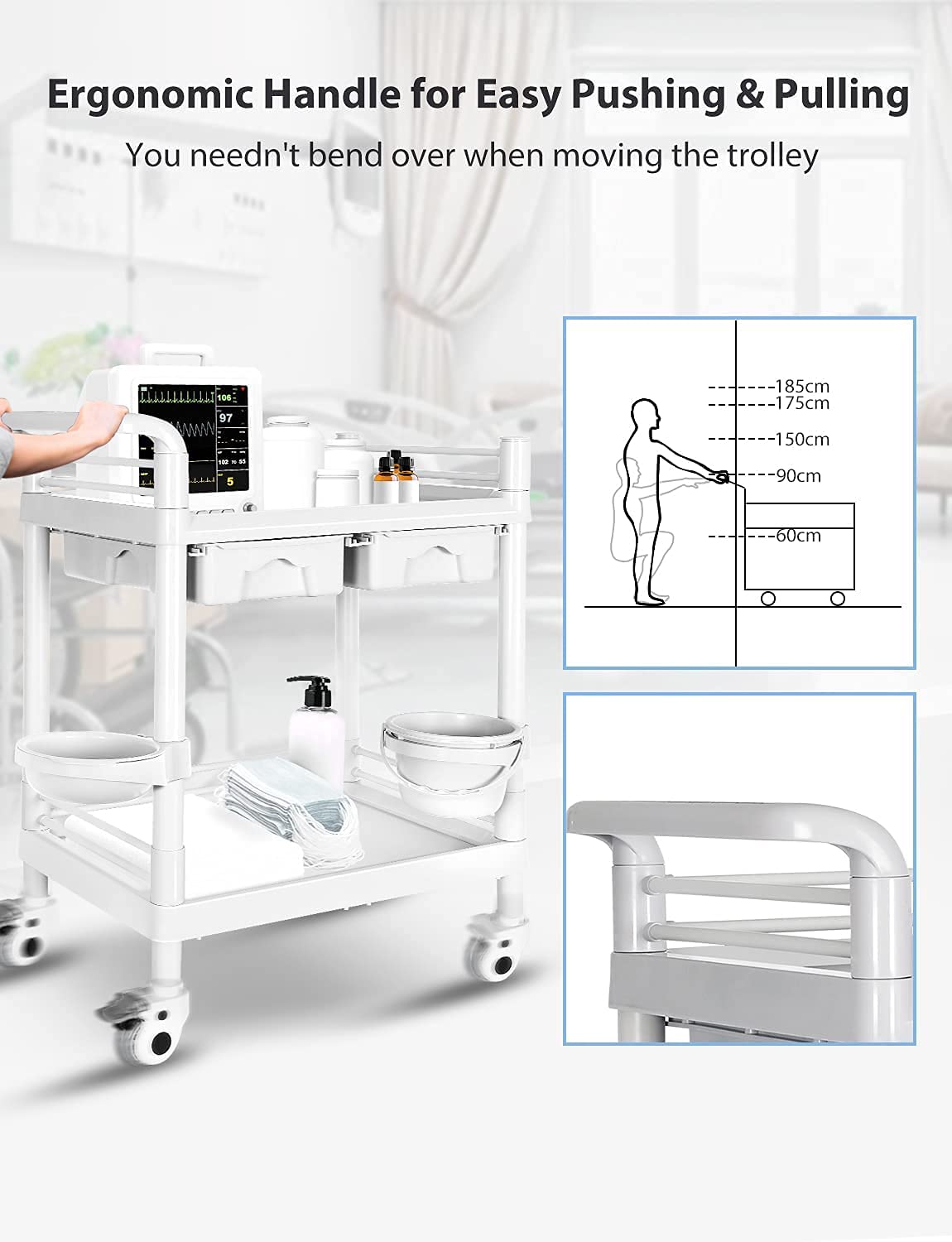 Mobile Trolley Cart, 2 Tier Heavy Duty Rolling Utility Cart with 360° Rotate Wheels, Medical Mobile Trolley Cart with Dirt Bucket & Drawer Spacious Beauty Salon Rolling Cart