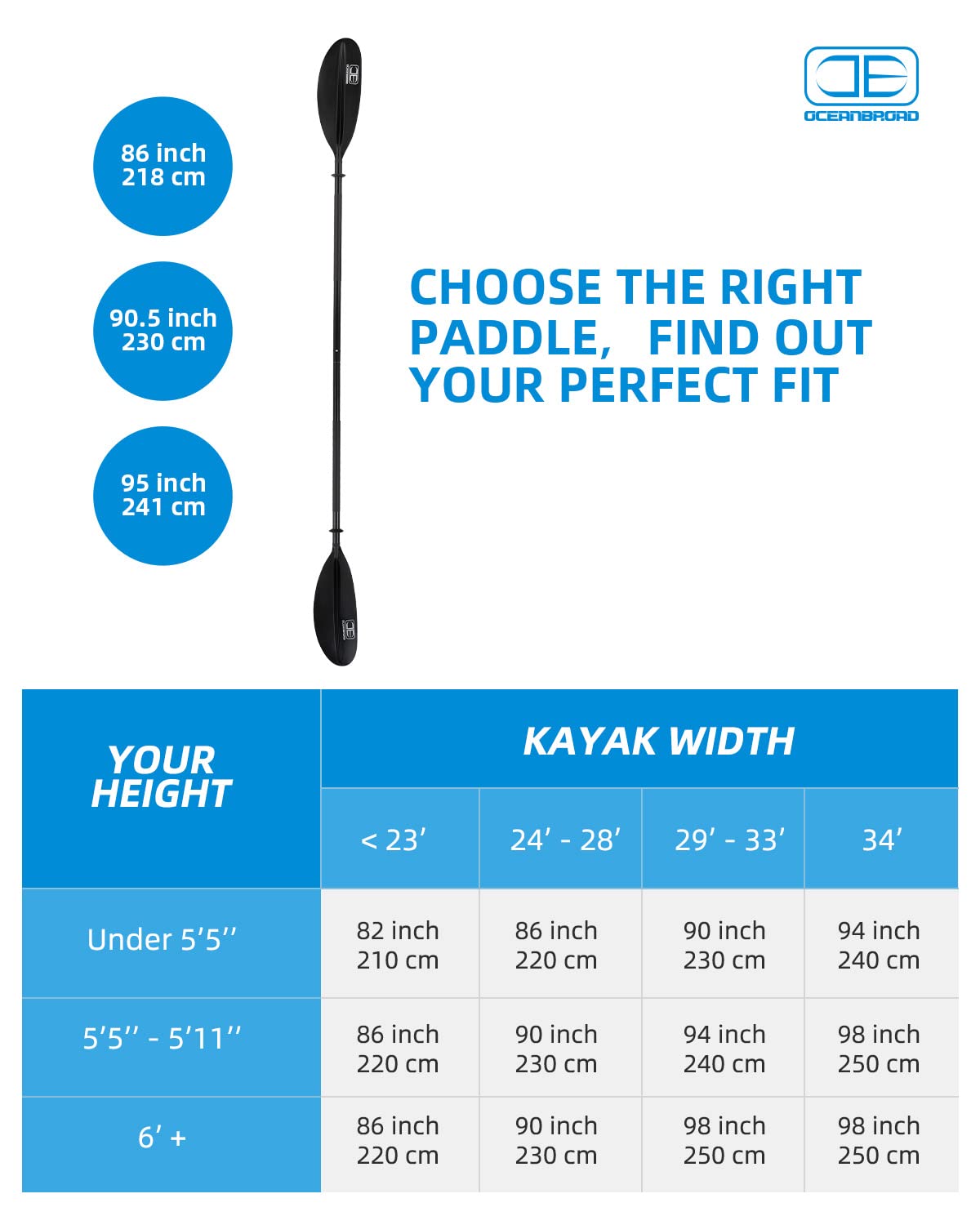 OCEANBROAD Kayak Paddle 90.5in/230cm Alloy Shaft Kayaking Boating Canoeing Oar with Paddle Leash 1 Paddle