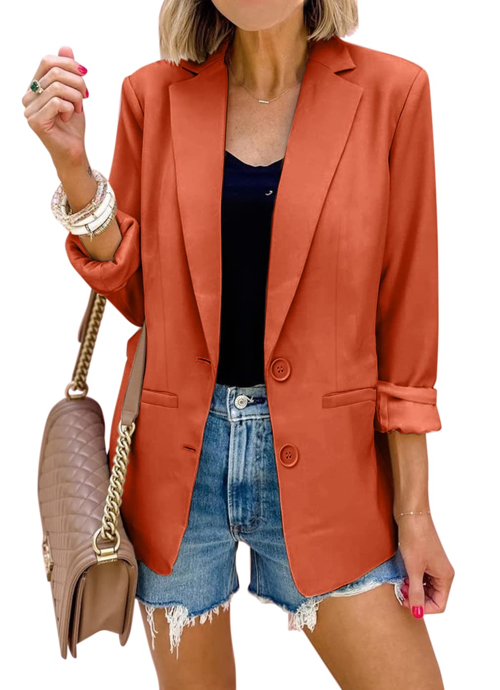 Micticsi Blazers for Women Fashion Casual Blazer Long Sleeve Open Front Office Work Suit Jackets (Orange, Large)