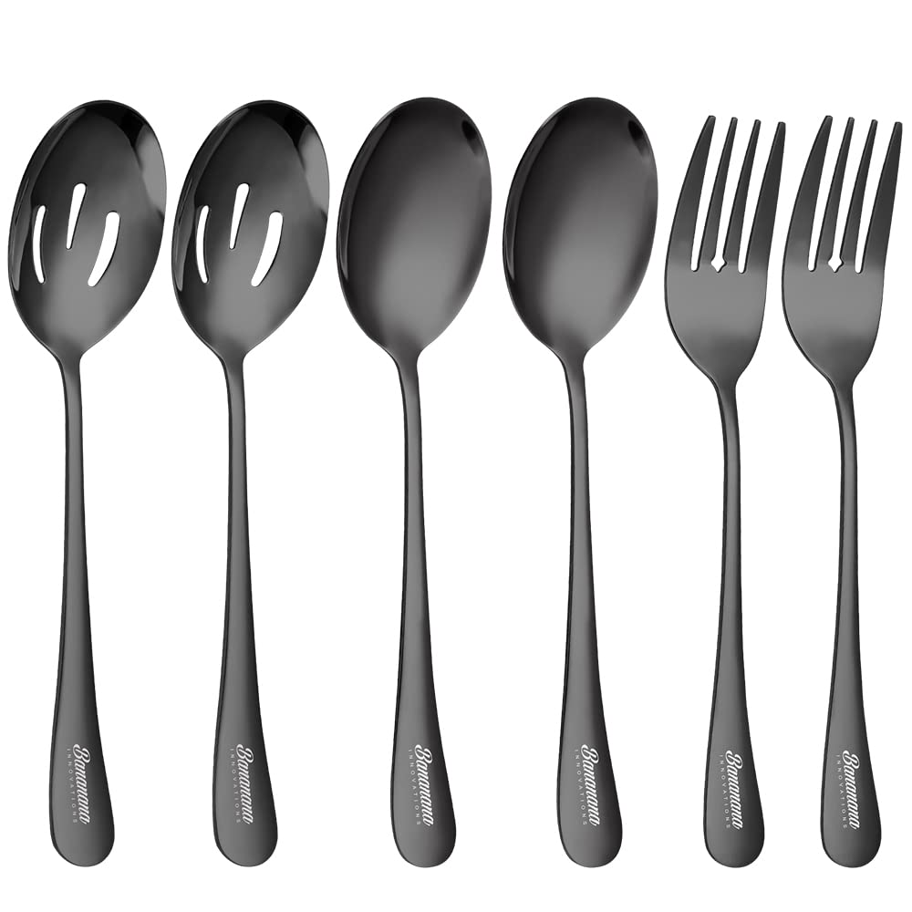 Stainless Steel Serving Spoon x 2, Slotted Serving Spoon x 2, Serving Forks x 2, 8.5 Inch Serving Utensils Set of 6 for Catering, Dishwasher safe (Silver)