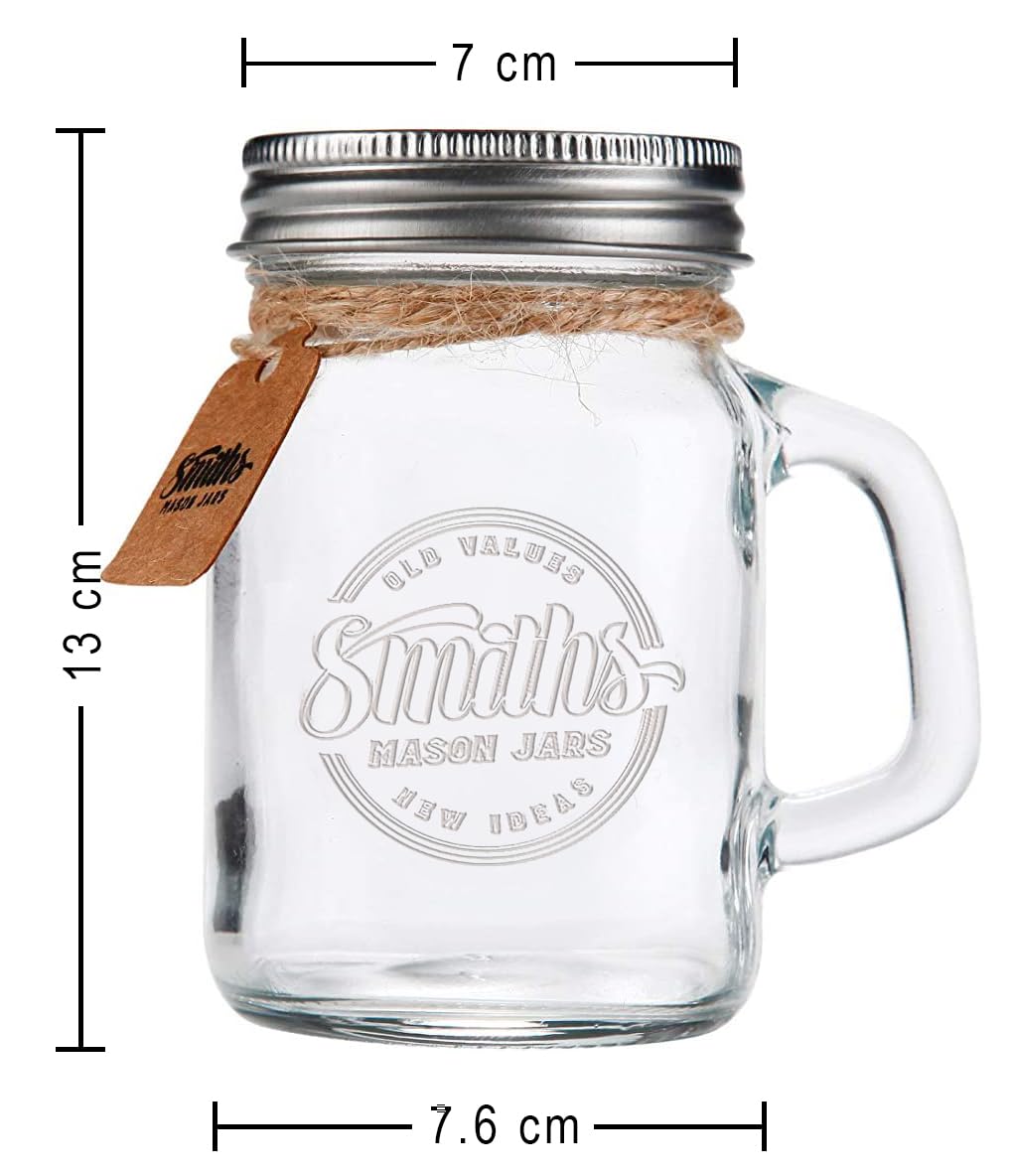 Smith's Mason Jars 16oz/473ml 4-pc Glass Cups with lid, straw and Handles - Smoothie glasses - Good for Milkshake, Juices, Ice Coffee Ideal for Picnics DIY Drinks and Outdoor Activity
