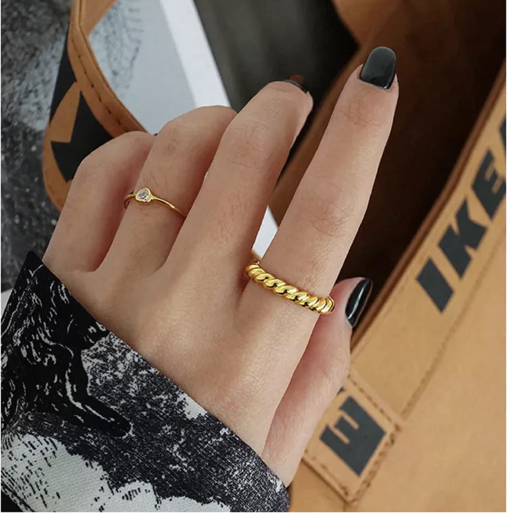 Pompee 2mm Twisted Gold filled Rings for women Thin and Stackable Braided Ring for Wedding Engagement Anniversary (2mm_Gold, 7 (17.3mm))