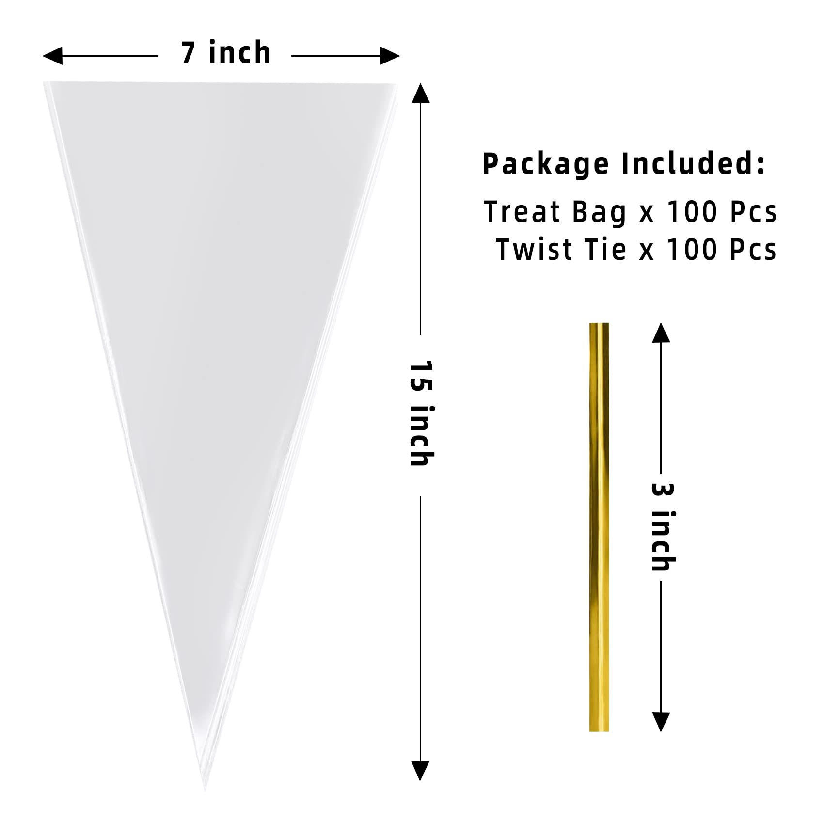 Morepack Cone Treat Bags, 100Pcs, 7x15 Inches, Clear Cellophane, with Twist Ties, for Treats, Popcorn, Candy, Party Favors