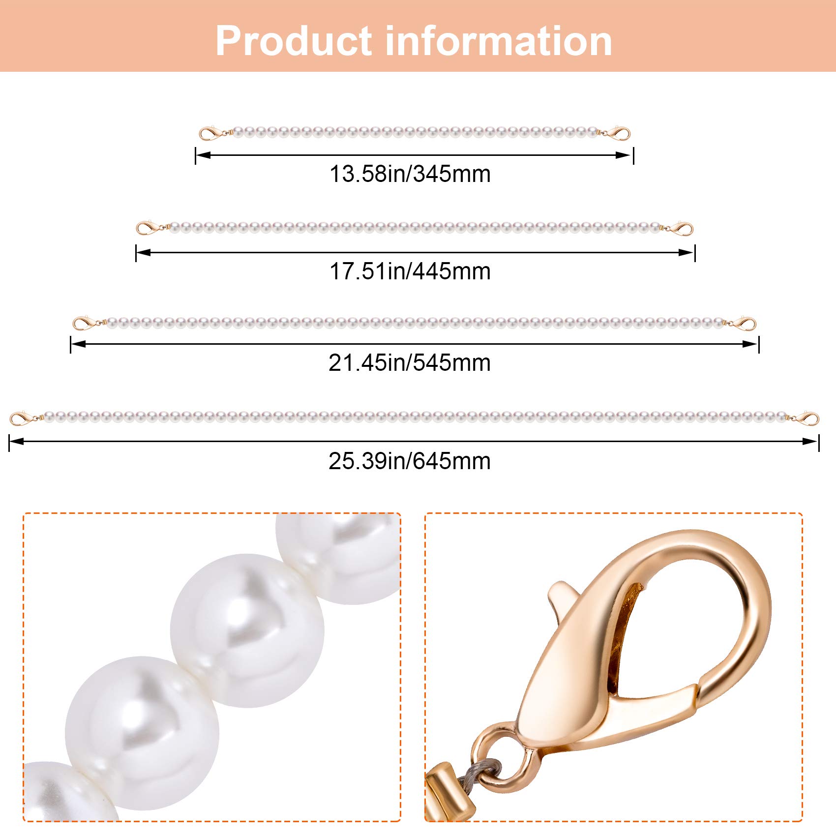 OIIKI 4pcs Imitation Pearl Bead Purse Handle Strap, DIY Round Imitation Pearl Handbag Chain Replacement Short Long Purse Straps Shoulder with Metal Buckles Handbag Chains Accessories for Bag Making