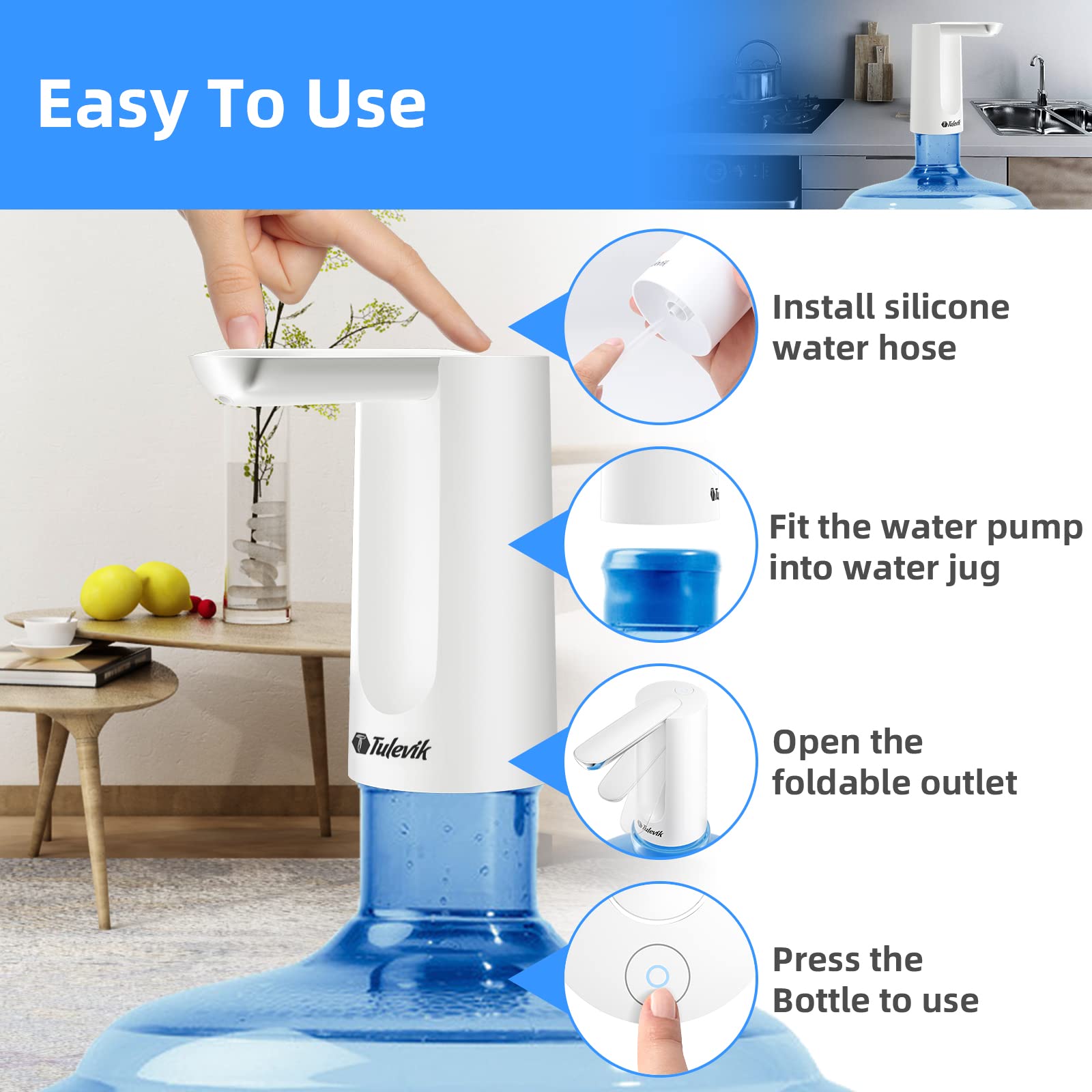 Tulevik Water Bottle Dispenser 5 Gallon, Foldable Water Pump, Automatic Water Pump Universal 2-5 Gallon Bottle, Portable Water Dispenser Pump for Camping Kitchen (White)
