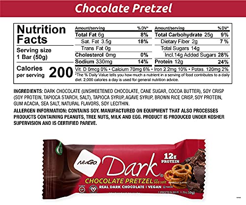 NuGo Dark Pretzel and Sea Salt, 12g Vegan Protein, 200 Calorie, Gluten Free, 24 Count