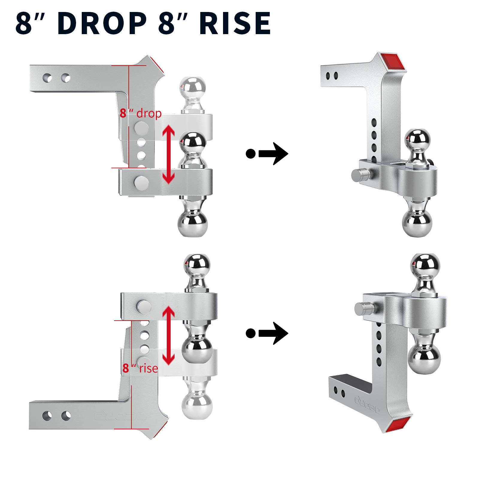OEDRO Adjustable Trailer Hitch, 8 Inch Drop Hitch Ball Mount Fits 2 Inch Receiver, Forged Aluminum Towing Hitch, 2" & 2-5/16" Tow Balls with Double Pin Key Locks, 10,000lbs.