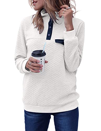 MEROKEETY Women's 2023 Fall Long Sleeve V Neck Button Quilted Patchwork Pullover Sweatshirt Tops, NewWhite, M