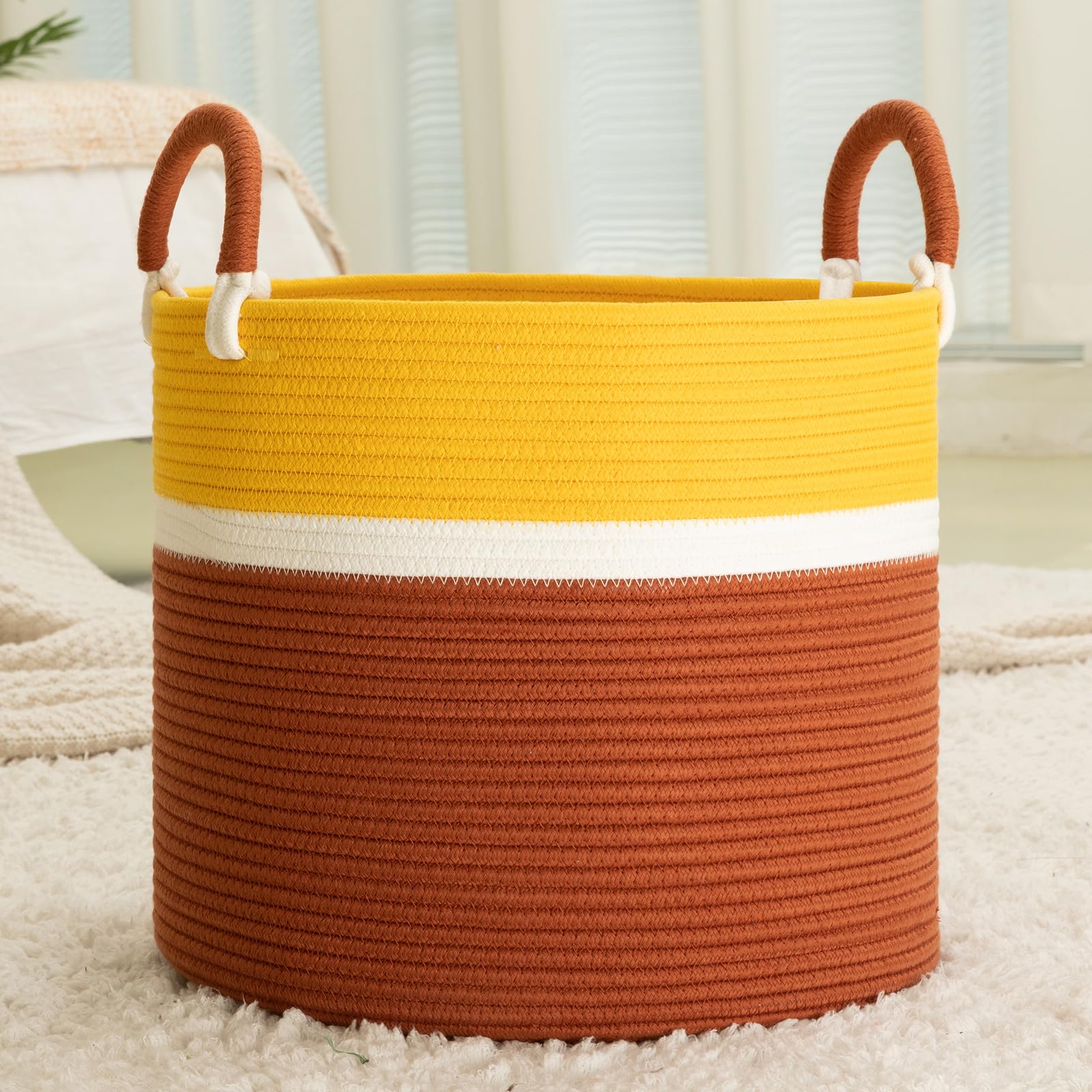 OIAHOMY 13.8x13.8x17.7 Inches Nursery Hamper, Decorative Blanket Basket for Living Room, Tall Laundry Basket With Handles, Large Nursery Clothes Hamper, Woven Laundry basket Organizer (Yellow)