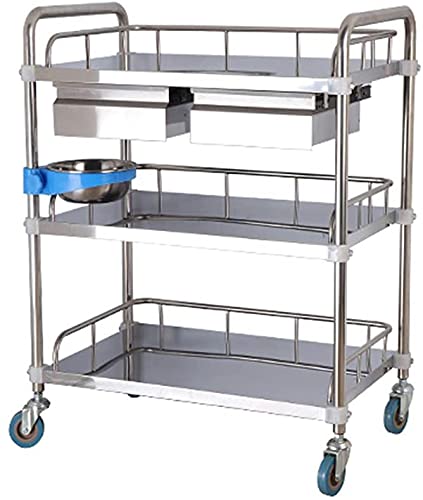 Utility Cart Lab Serving Cart, Medical Cart 3-Tier Medical Trolley with Drawers and Dirt Bucket,Assemble Small Surgical Cart for Lab Equipment,Detachable Stainless Cart Load 100 Kg ( Size : Large )