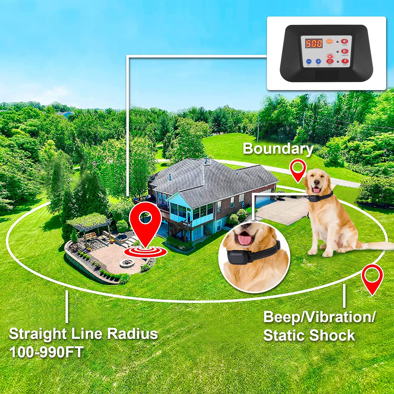 Moclever Wireless Dog Fence System Electric Dog Fence Training Collar with Remote 2 in 1, Dog Boundary Containment System Range 990ft, IPX6 Waterproof & Rechargeable,for Small Medium Large Dogs