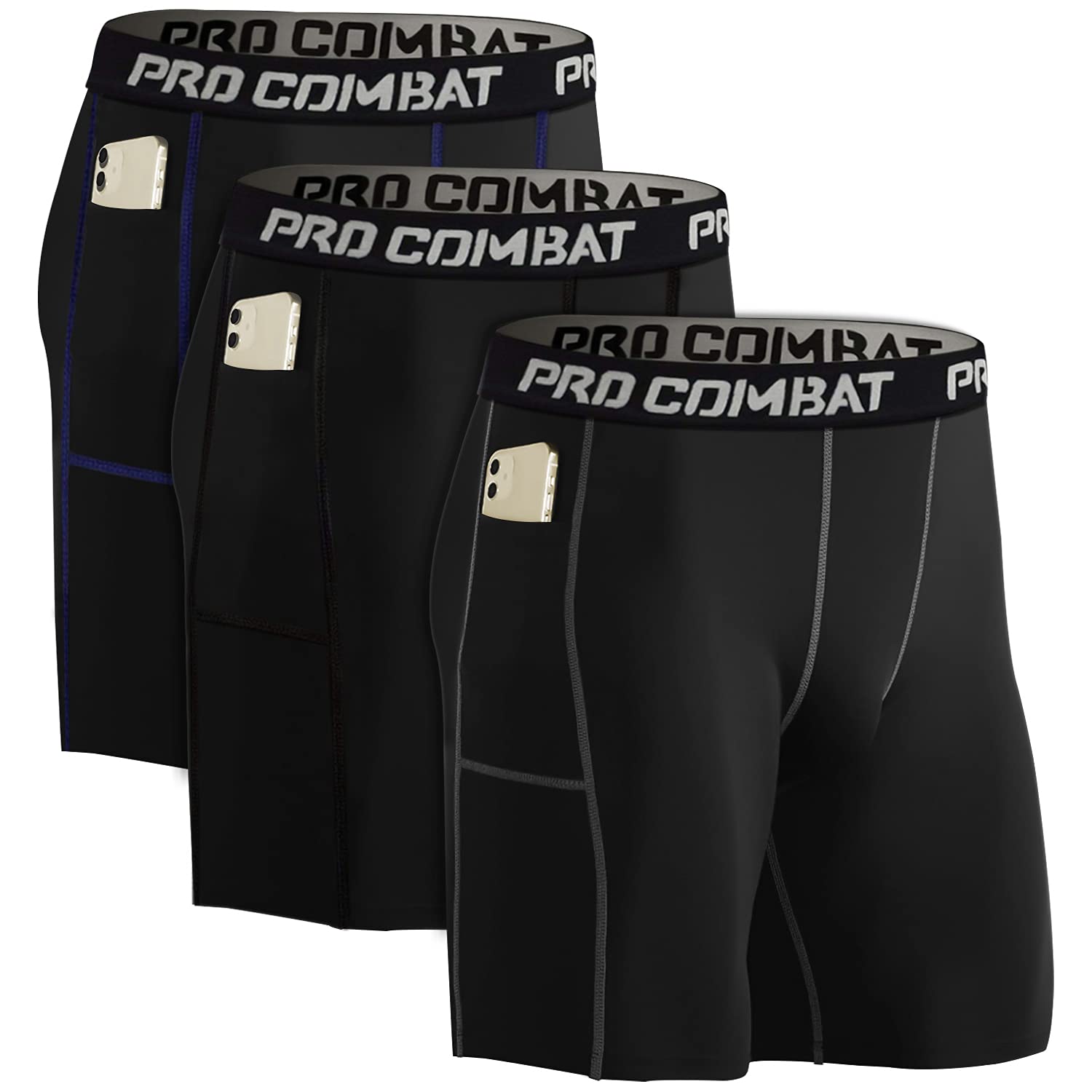 SENZE Compression Shorts Men's 3 Pack with Pocket Running Short Men's Gym, Workout, Cycling, Yoga, Climbing, Swimming, Black, X-Large