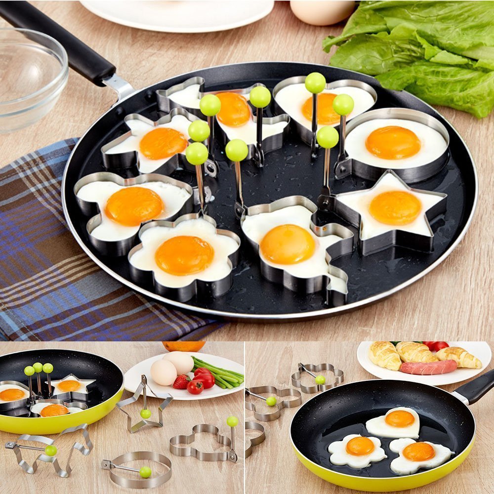 Slomg 8pcs Set Fried Egg Rings Molds Non Stick for Griddle Pan, Egg Shaper Pancake Maker with Handle, Stainless Steel Egg Form for Frying Cooking