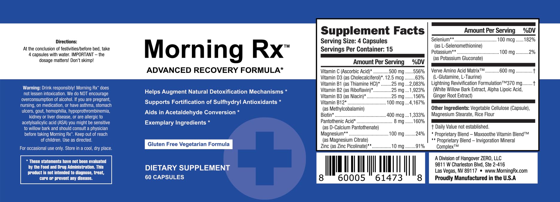 Morning RX - Post Party Pills for Better Mornings 60 Caps, Dehydration Supplement - Vitamins, Electrolytes, Magnesium, Potassium, Zinc - No Gluten, Caffeine or Hocus Pocus - Why Suffer After Drinking?