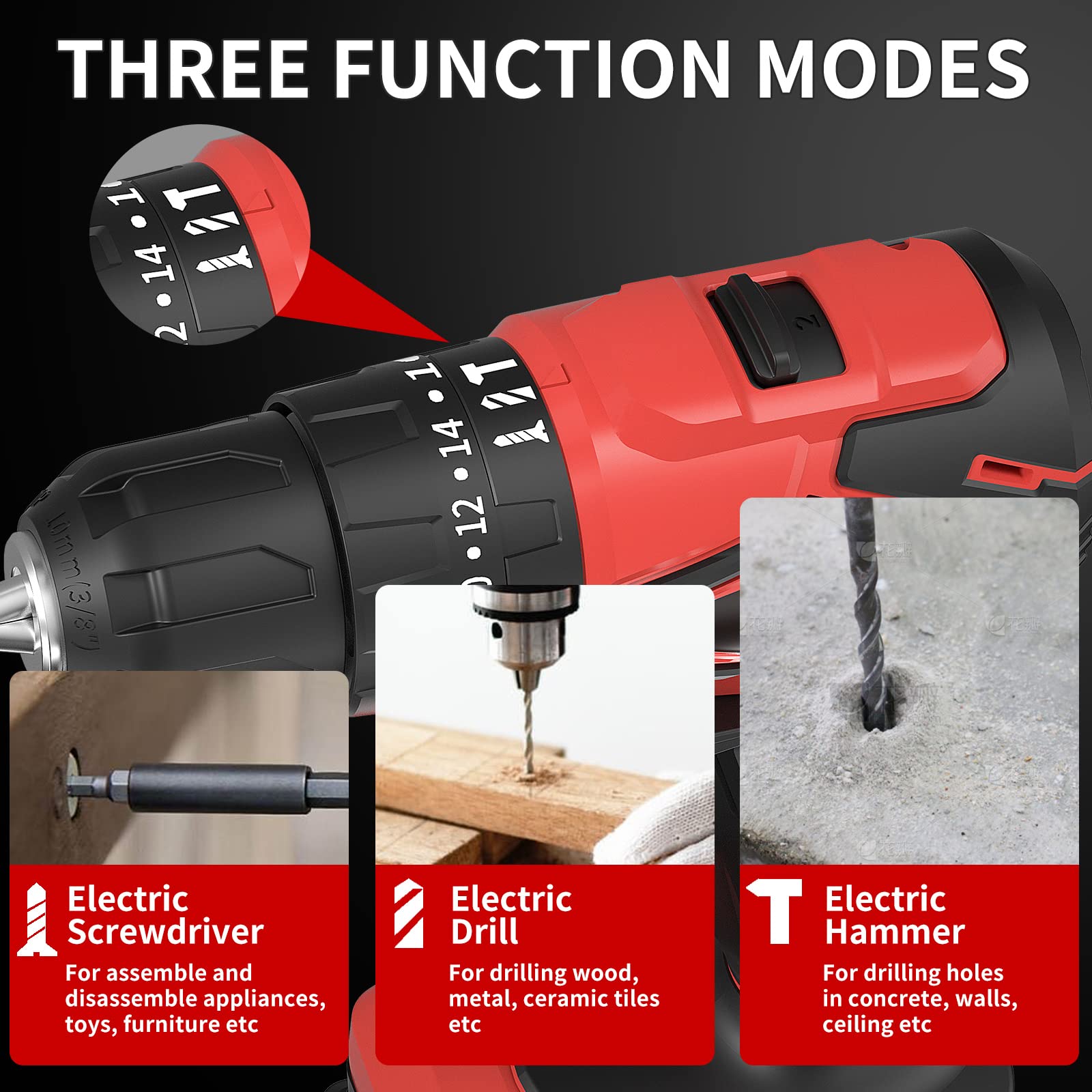 Ronghe 20V Brushless Cordless Drill, Max torque 442 In-lbs,20+3 Torque setting 3/8โ Automatic Chuck, equiped with 34 pcs Drill bit set, Battery and Fast charger for Home improvement & DIY project
