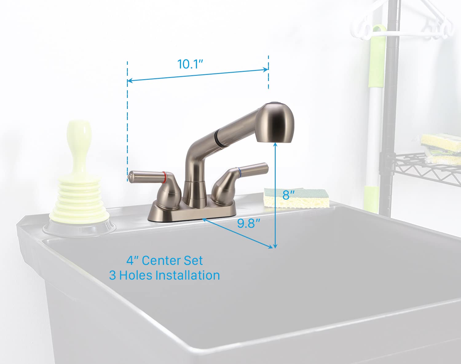 Utility Sink Faucet, Laundry Room Faucet with Pull Out Sprayer, Laundry Tub ABS Plastic Faucet, 4 Inch Centerset 3 Holes Installation Non-Metallic, Brushed Nickel