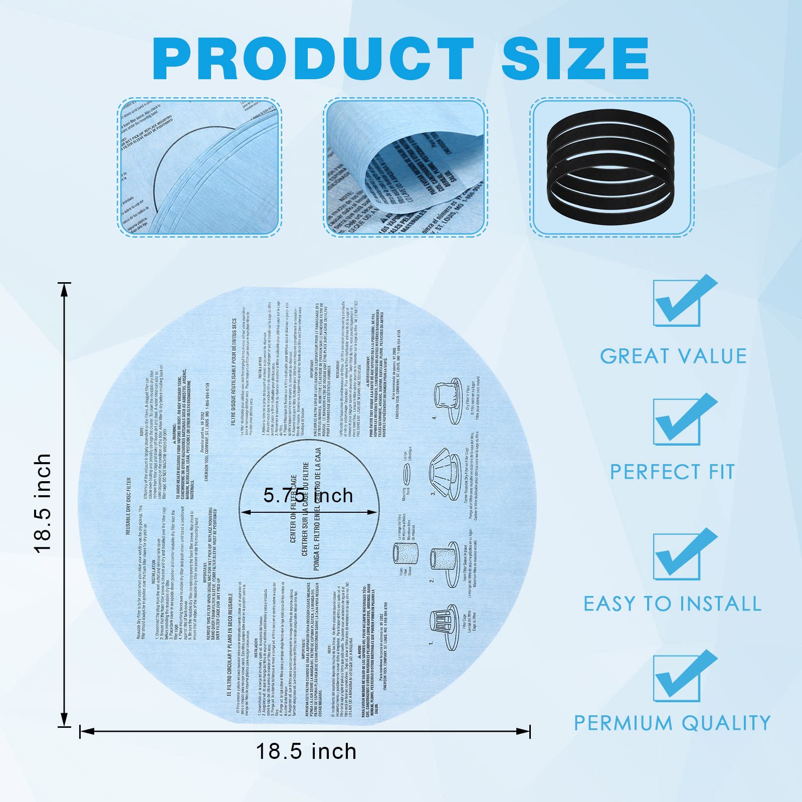 Tegeme 10 Pieces Wet Dry Vac Filter Vf2002 Dry Disc Vacuum Filters Compatible with Shop-vac Wet Dry Vacuum Cleaners with 5 Gallon and Larger, with 4 Pieces Retaining Bands, Reusable