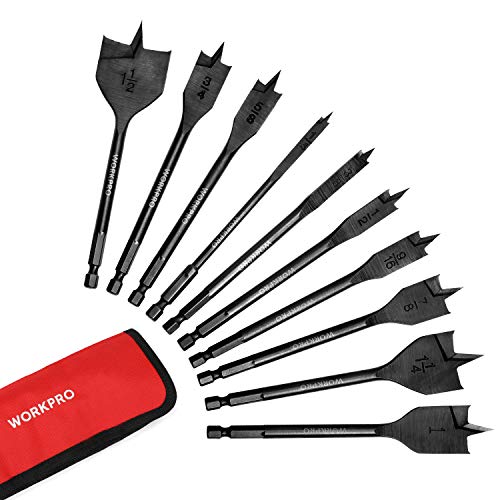 WORKPRO 10-Piece Pro Spade Drill Bit Set- Black Coating, Premium Carbon Steel, Paddle Flat Bits for Woodworking, Assorted Bits 1/4" to 1-1/2" with Storage Case