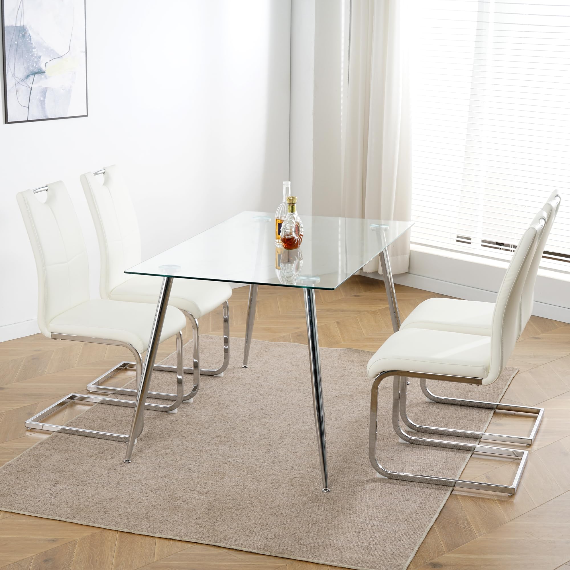 Modern Dining Chairs Set of 4 High Back Kitchen Chair with Stainless Legs 4 Piece PU Leather Chairs with Padded Seat for Dining Room Living Room Restaurant White