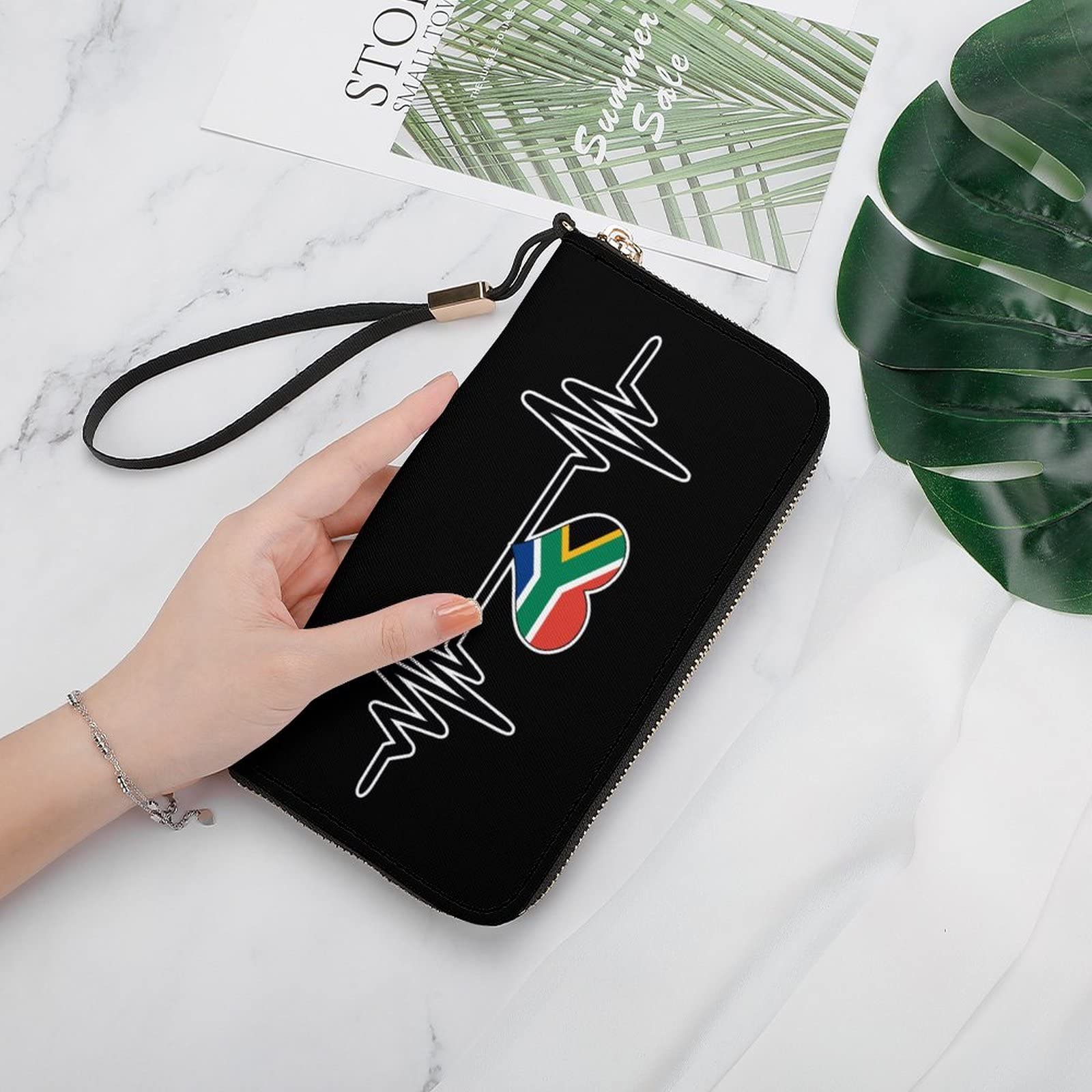 South Africa Heart Beat Women’s Long Wallet PU Clutch Purse with Wristlet Strap Zipper Mini Handbag