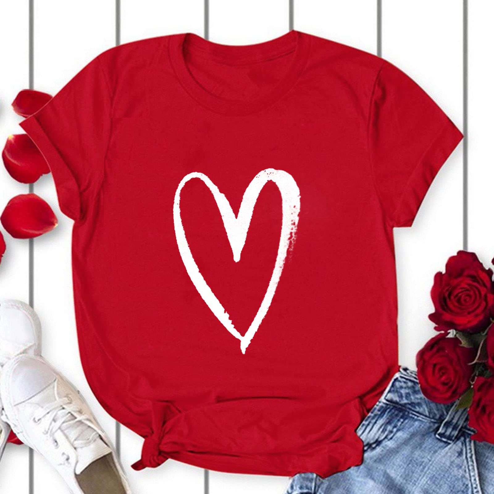 Womens Running Shirts Loose Fit Womens Sleeve Bleached Love Tee Day Shirt Short Blouse Print Valentine T Tops Women's,Comprar Devoluciones Red-b