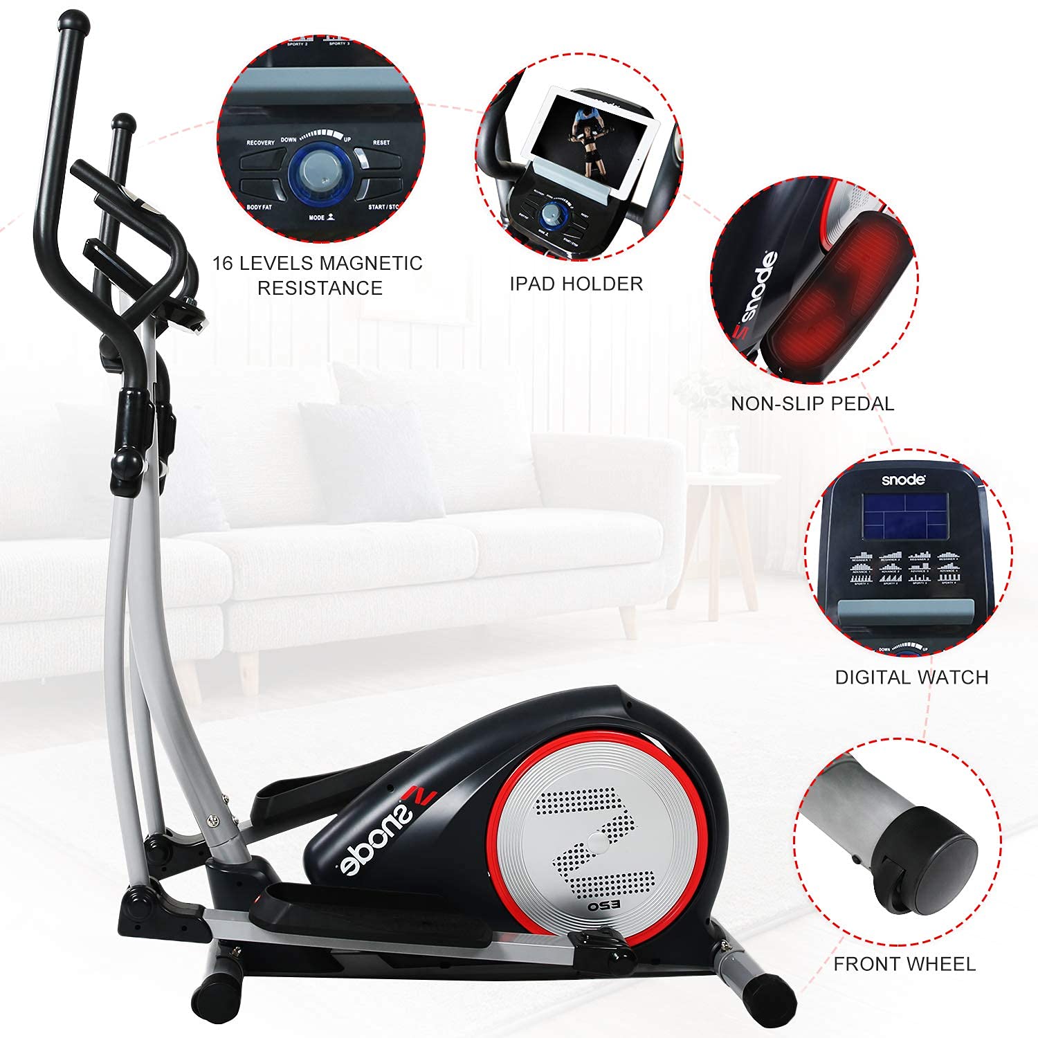 SNODE E20I Programmed Elliptical Exercise Machine, Eliptical Machine with 16 Resistance Levels Magnetic System, 300 lbs Weight Limit (E20I)