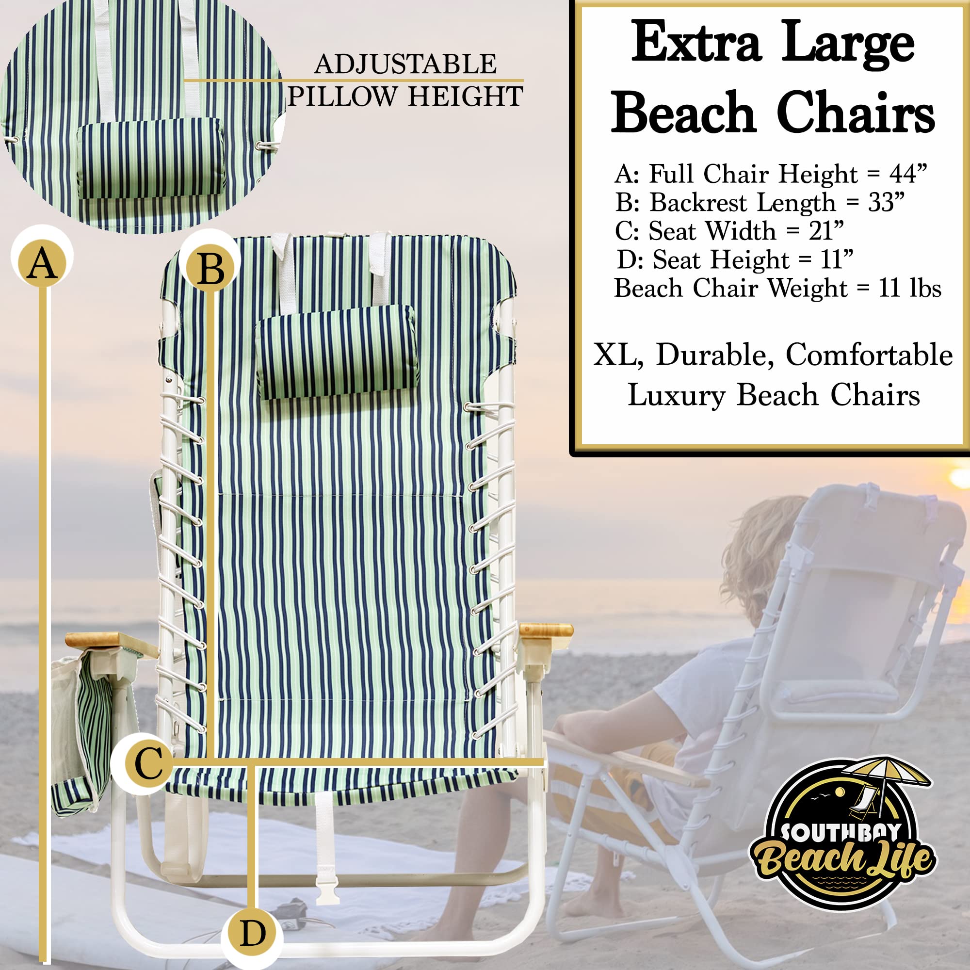 South Bay Beach Life - Premium Beach Chair - Custom, XL Rust-Proof Aluminum Frame Chairs with Insulated Coolers - Portable Carry Strap - 4 Position Full Recline