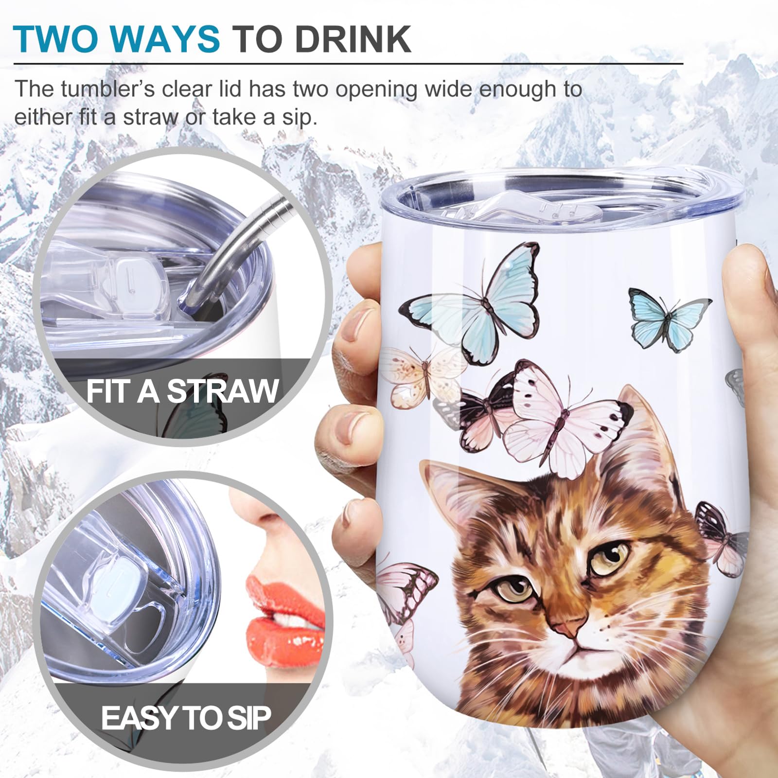NymphFable 12oz Cat Cup Wine Tumbler With Straw And Lid Insulated Stemless Wine Glass Stainless Steel Double Wall