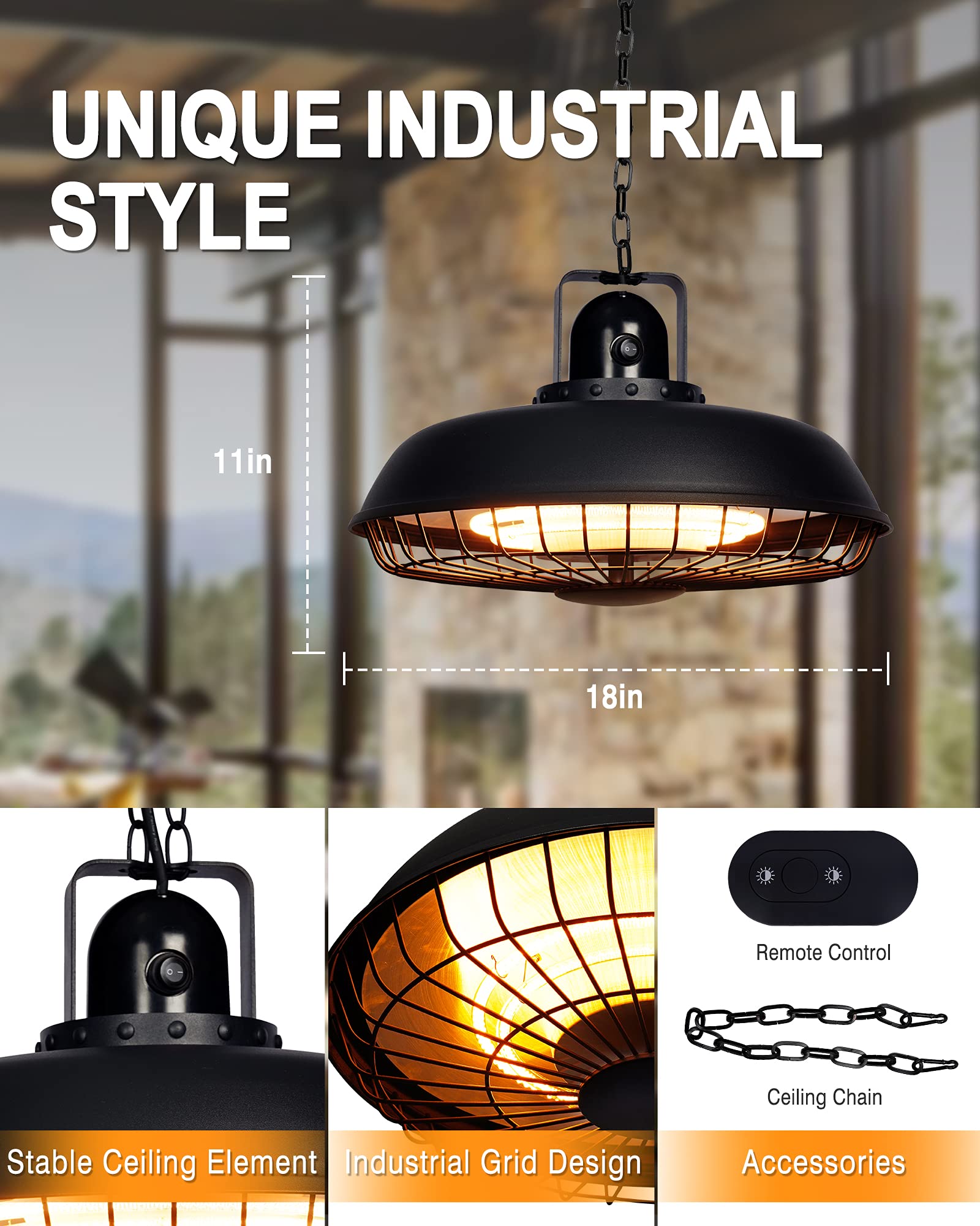 Star Patio Electric Patio Heater, Outdoor Ceiling Heater With Remote Control & Touch Switch, 700/800/1500W Hanging Patio Heater With UFO Shape Sandy Black, Infrared Heater, IP44 Waterproof, STP2036-B