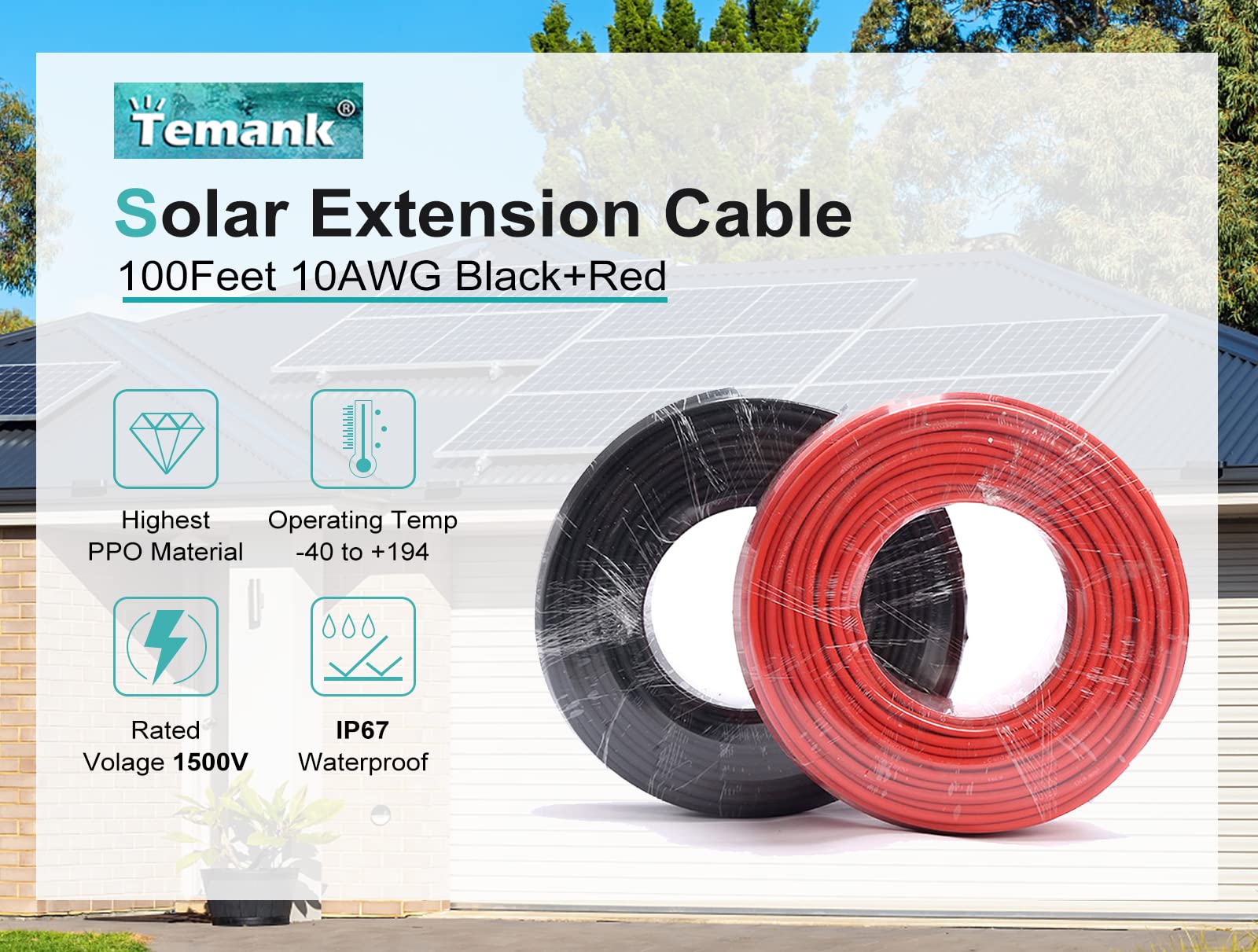 Temank 10AWG Solar Extension Cable 100Ft Black + 100 Ft Red, 10 Gauge Solar Panel Cables Wire 100 Ft with 8 Pairs 1500V Solar connectors and 2 Sets of Z Brackets