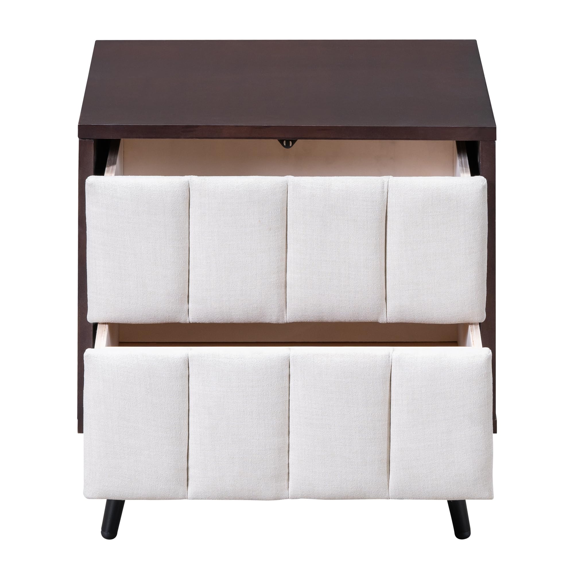 Modern Nightstand with 2 Drawers,Wood+Linen Bedside Table with Classic Design,Side Table for Bedroom,Living Room(Walnut+Beige)
