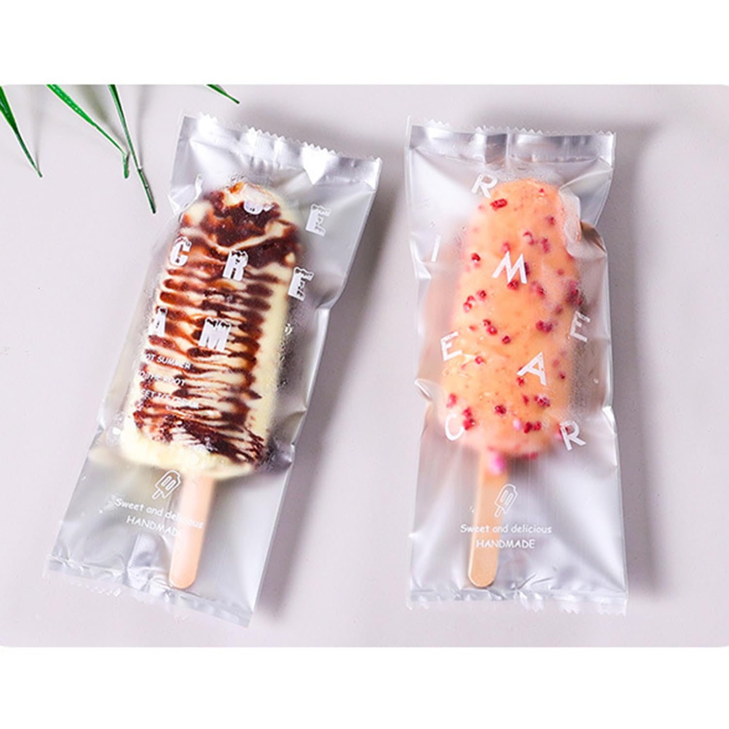 Popsicle Bags Ice Cream Bags 100 Pack -Clear Ice Pop Bags with Silver Bottom and Cool Words