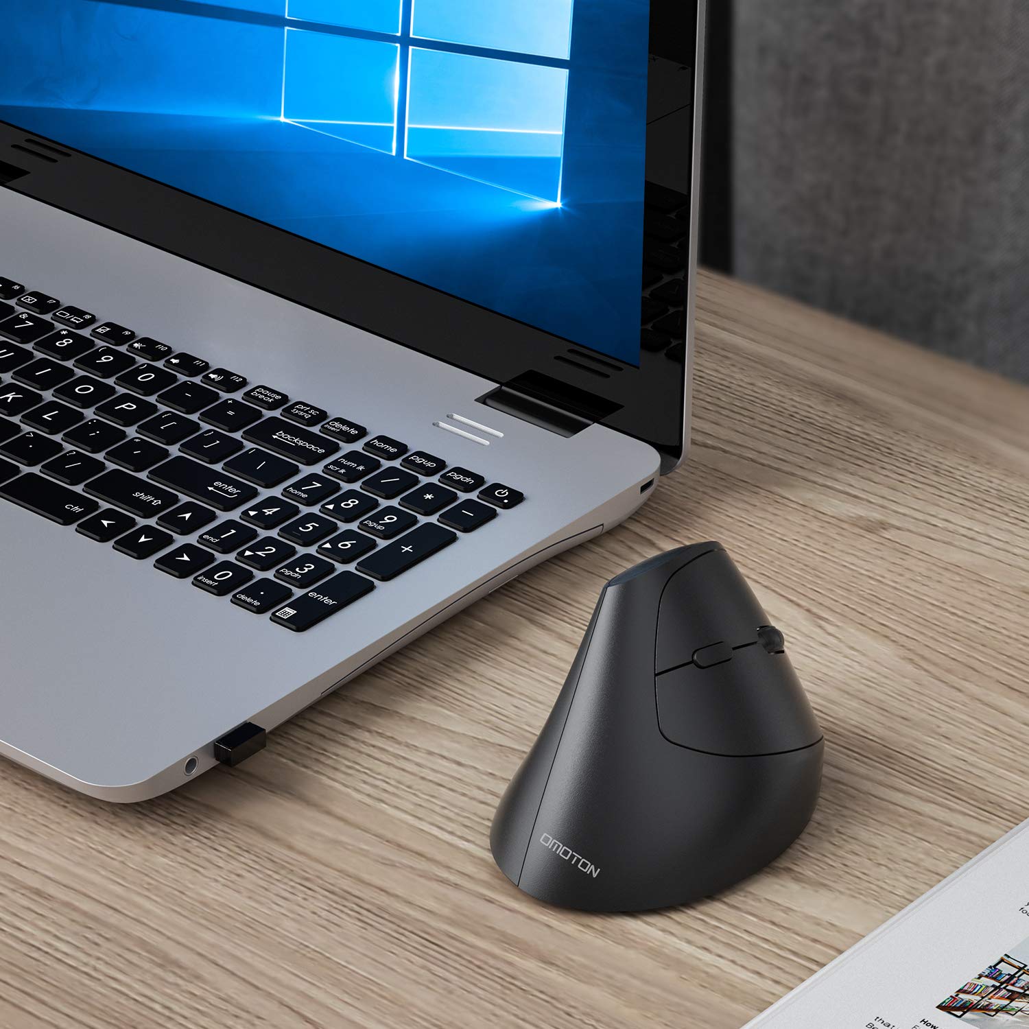 OMOTON Ergonomic Mouse, 2.4G Wireless Bluetooth Vertical Mouse with Adjustable DPI 800/1600/ 2400 and 6 Buttons for Laptop, Desktop, PC, MacBook and More, Black