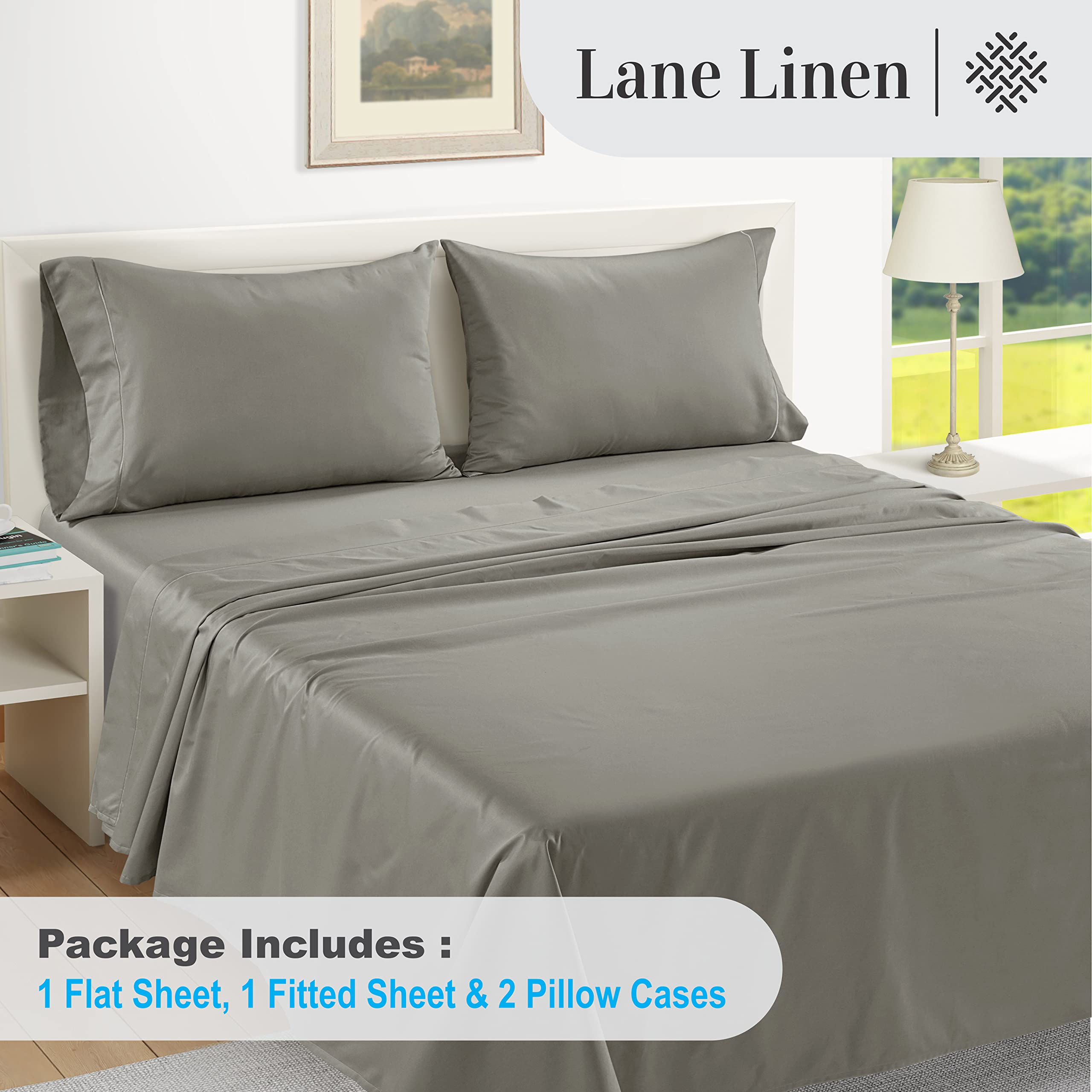 LANE LINEN 100% Egyptian Cotton Queen Sheet Set (4 Pc) - 1000 Thread Count - Sateen Weave – Luxury Hotel Bedding – Ultra Soft Queen Size Sheets Set – Bed Sheets with 16” Deep Pocket – Charcoal