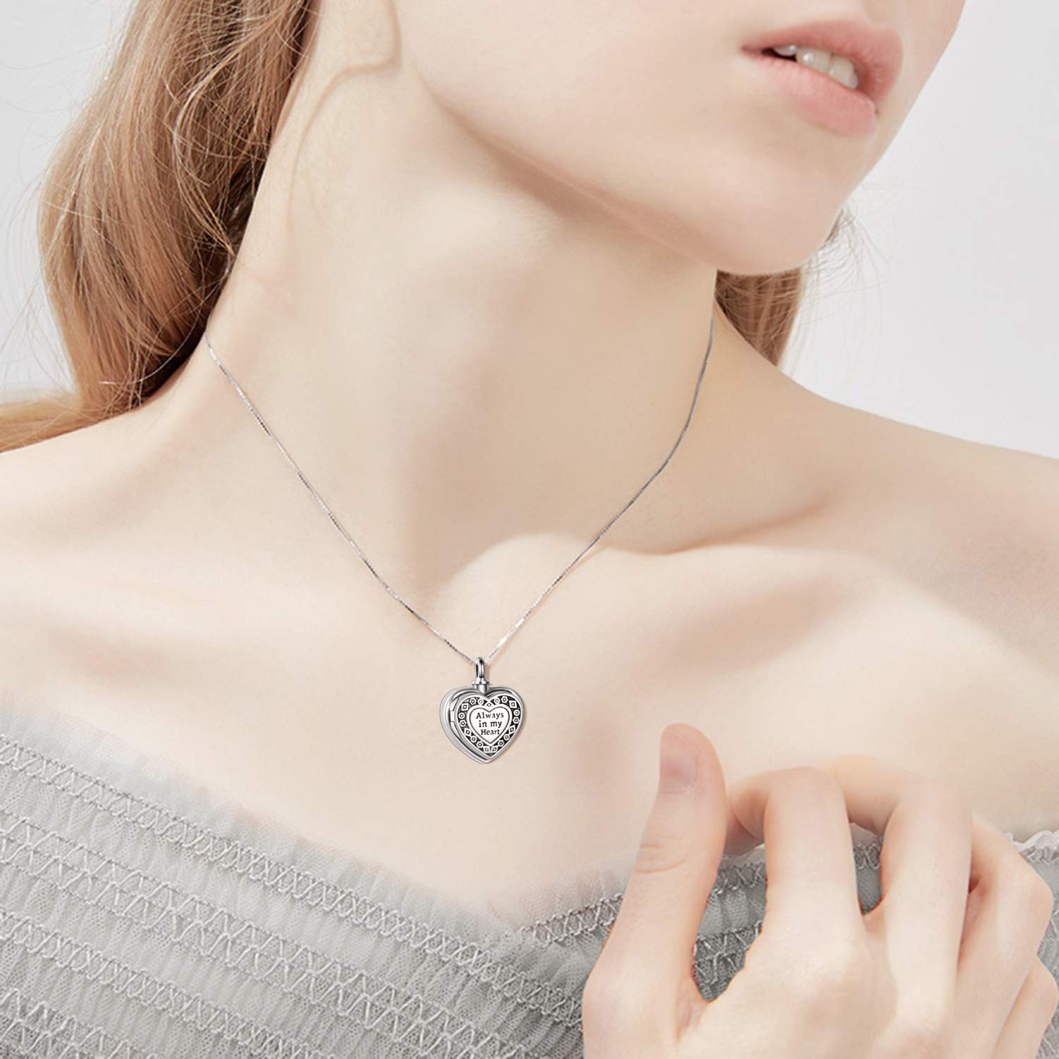 ONEFINITY Sterling Silver Locket for Ashes Always in My Heart Urn Necklace for Ashes Heart Locket That Holds Pictures for Women Ashes Necklace Keepsake Memorial Ash Jewelry
