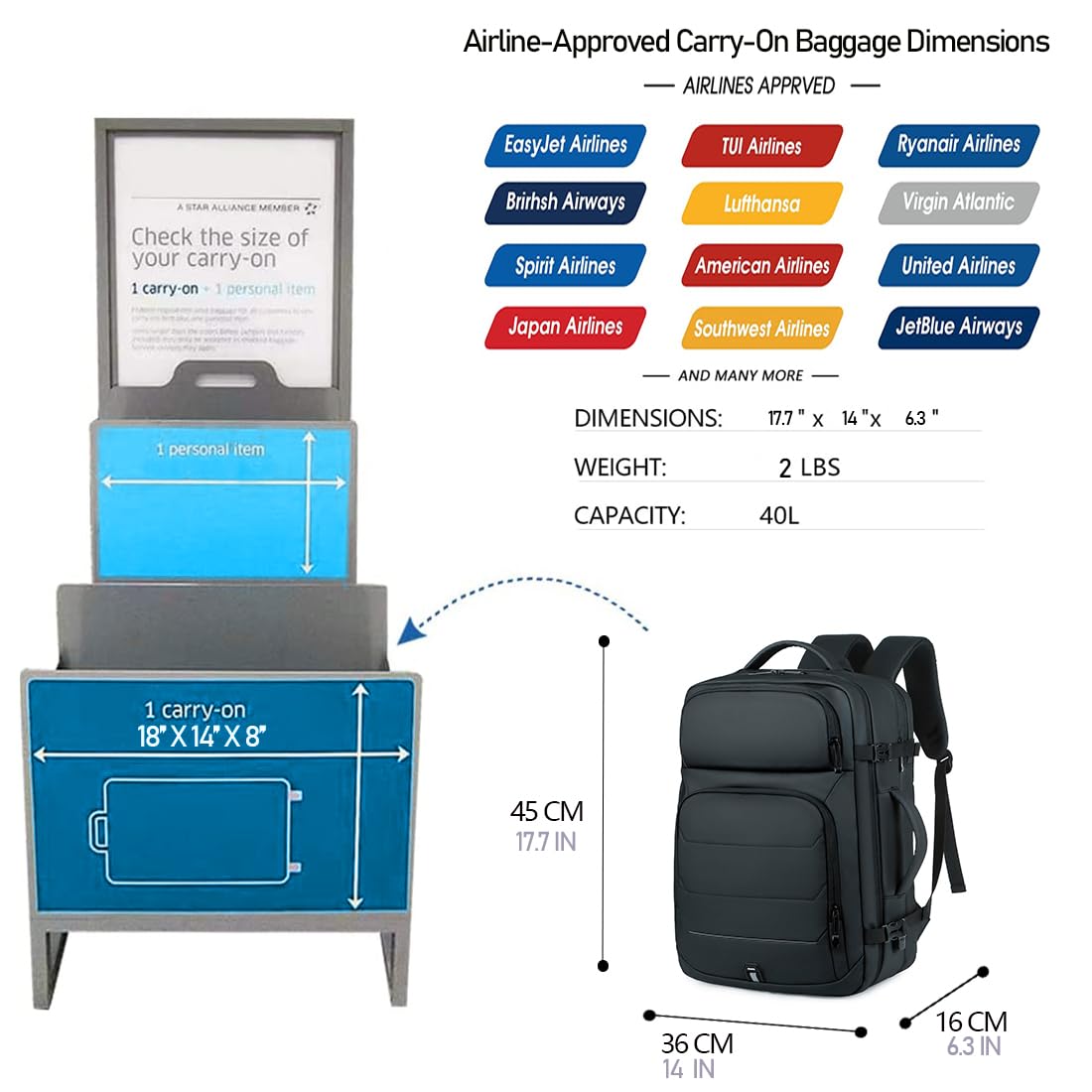 palamea Spirit Airlines Personal Item Backpack 18x14x8inch, Underseat Carry On Bag for Airplanes 40L Expandable Travel Backpacks Laptop Backpacks