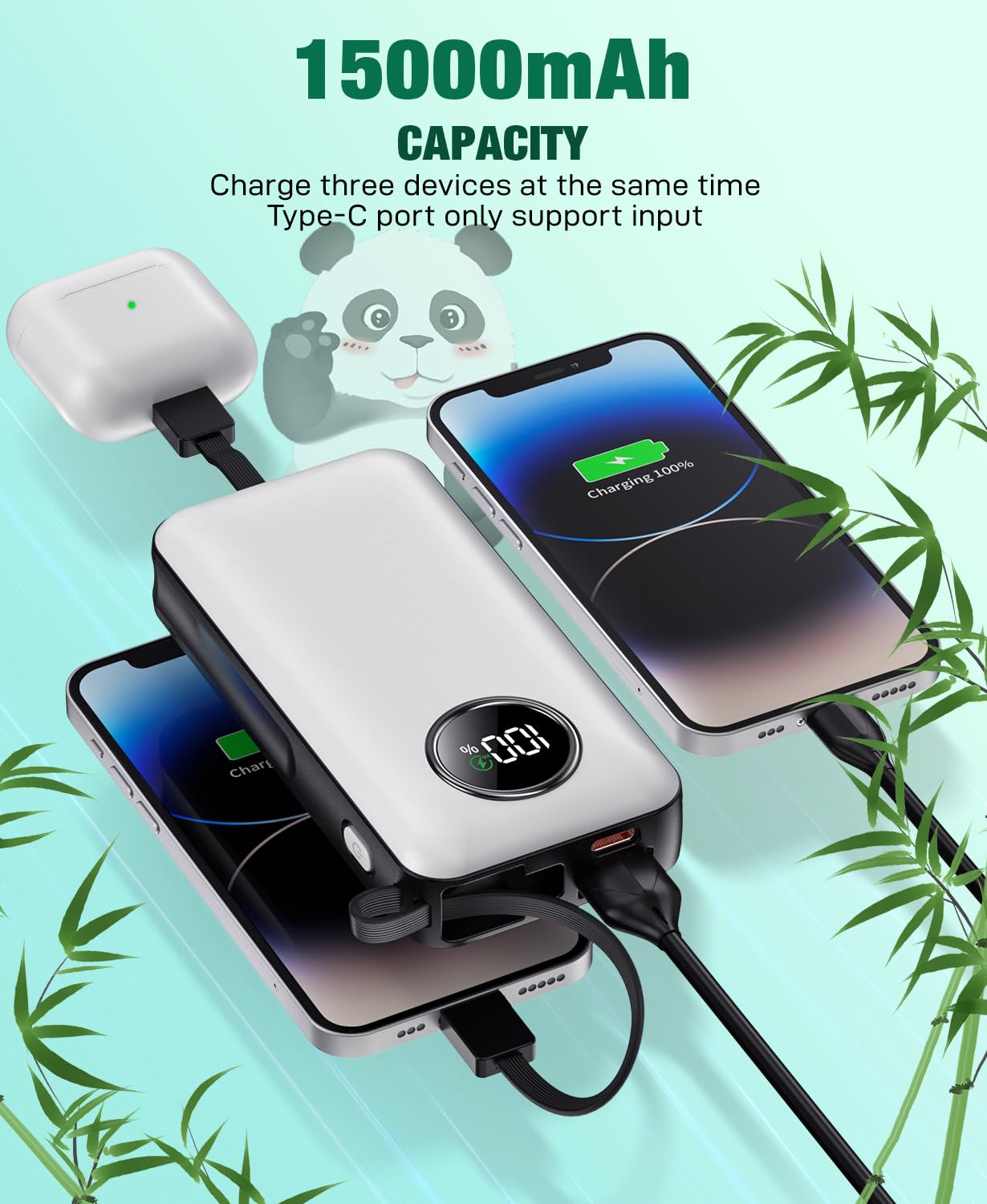 Portable-Charger-Power-Bank - 15000mAh PD 30W Power Bank, Built in Type-C(30W) and iOS(20W) Output Cables LED Display for iPhone and Android Phones and Most Electronic Devices