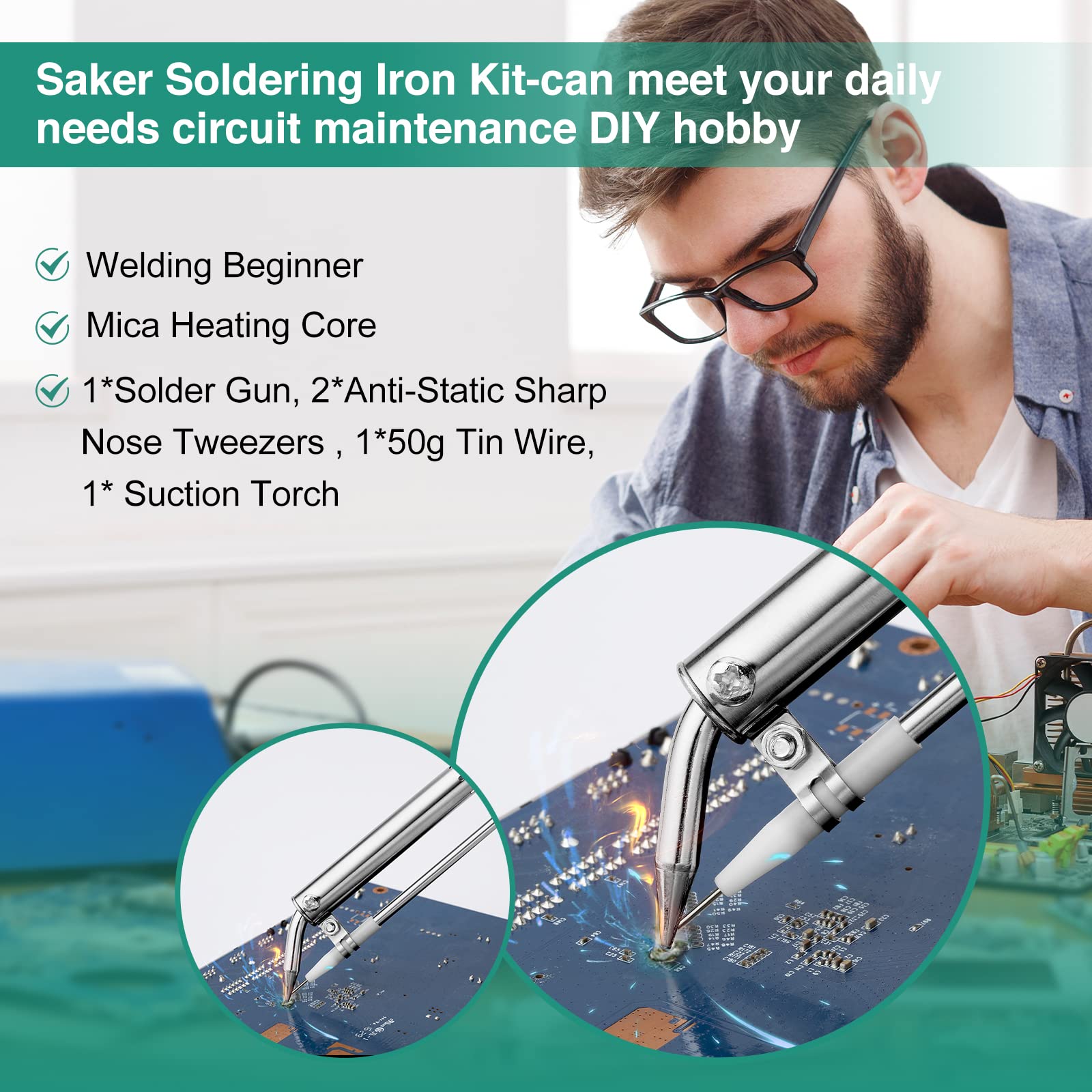 Saker Soldering Iron Kit,60W 110V Corded Electric Welding Gun with Welding Wire,One-handed Operation for Soldering Circuit Boards,Electrical Maintenance,Computers and DIY