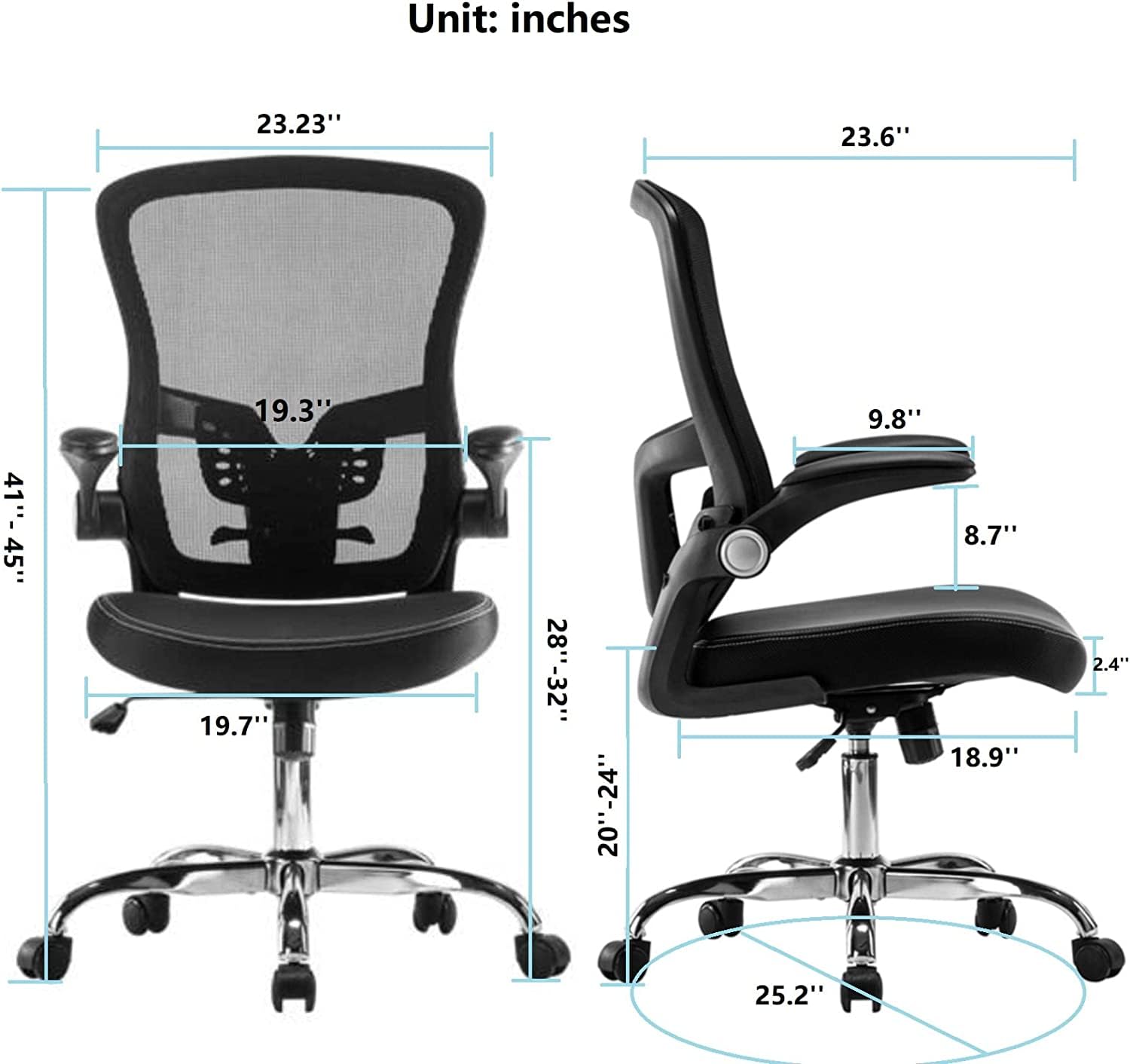 Mesh Office Chair Ergonomic -Adjustable Height, Desk Chair with Wheels Mesh Computer Desk Chair with Flip-up Arms PU Leather Task Chair 300lbs
