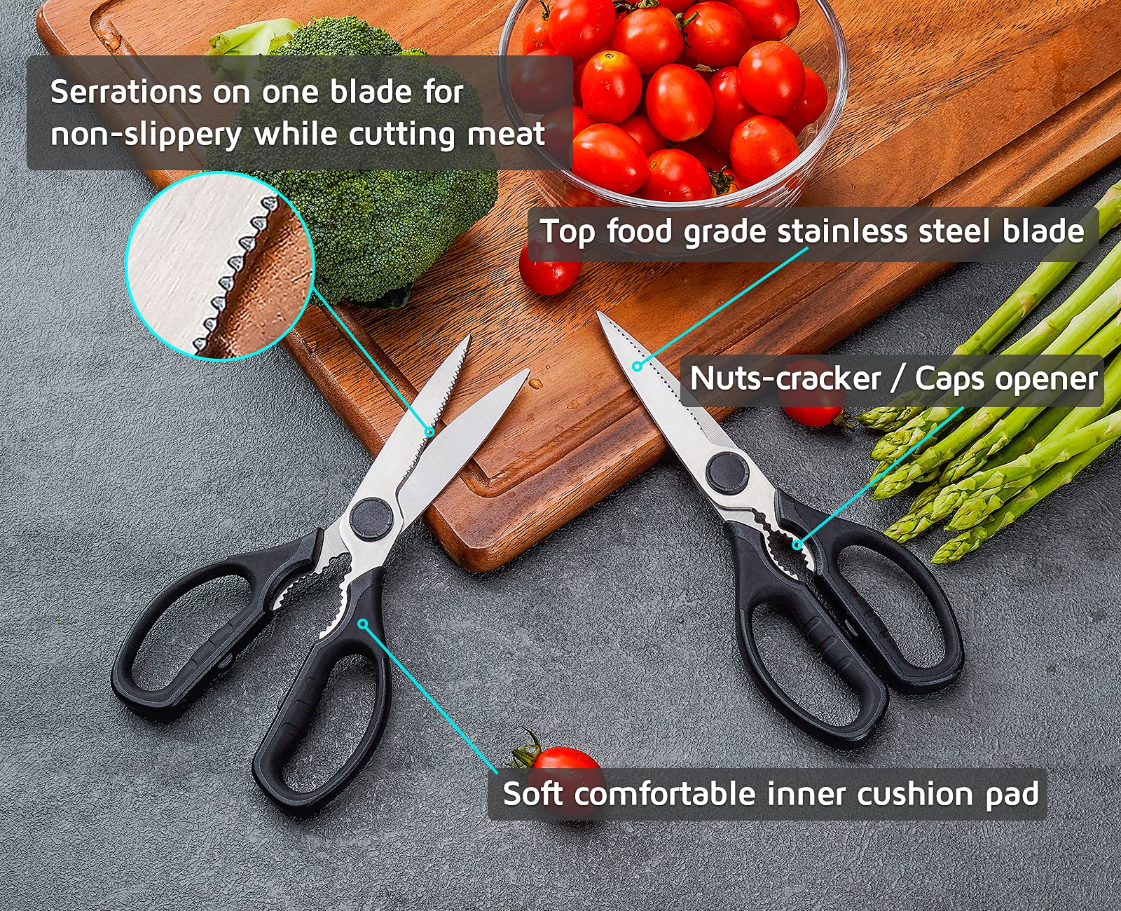 Multifunction Kitchen Scissors 2-Piece Set WELLSTAR, Heavy Duty Food Shears for Chicken Meat Vegetable Fish Herb Poultry Stainless Steel Cooking Scissors with Comfortable Handle Scissors Set (Black)