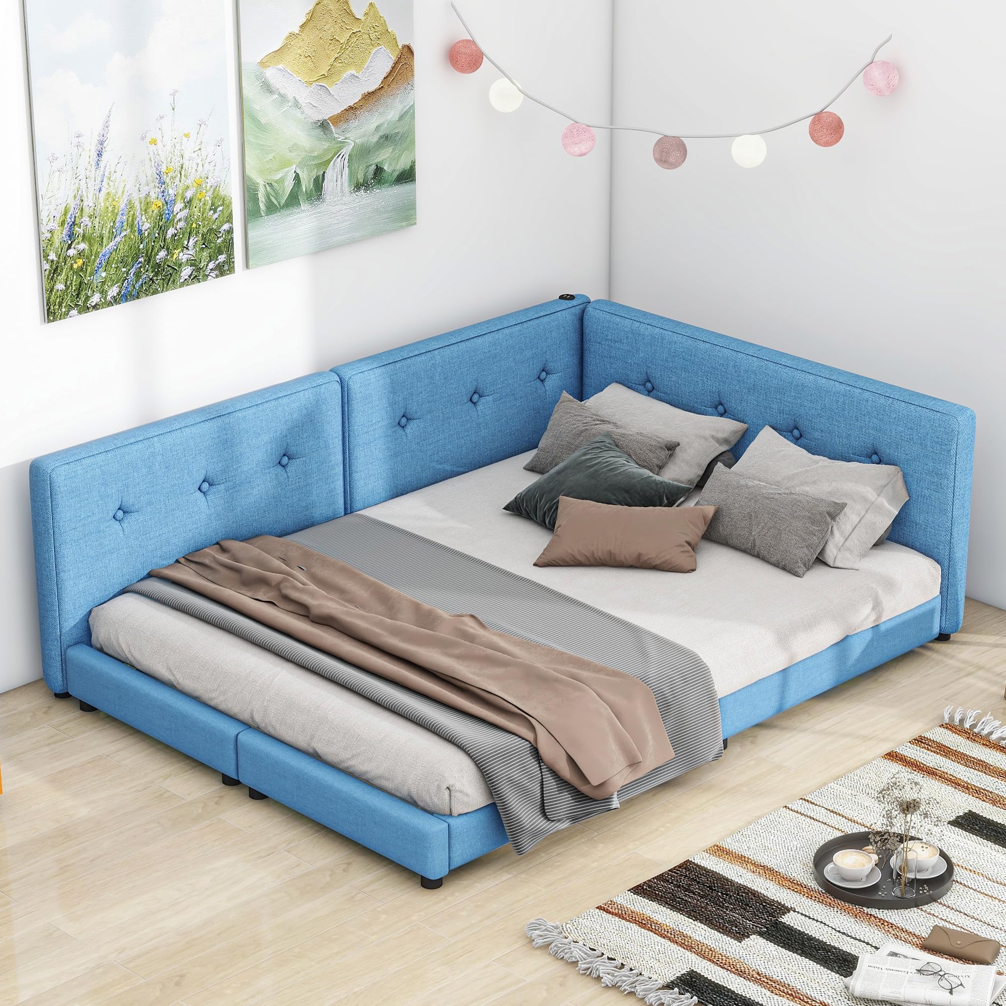 Modern Upholstered Queen Size Platform Bed with USB Ports, Linen Wooden Daybed/Sofa Bed/Low Floor Bed Frame with Backrests for Boys Girls Teens Adults, No Box Spring Needed