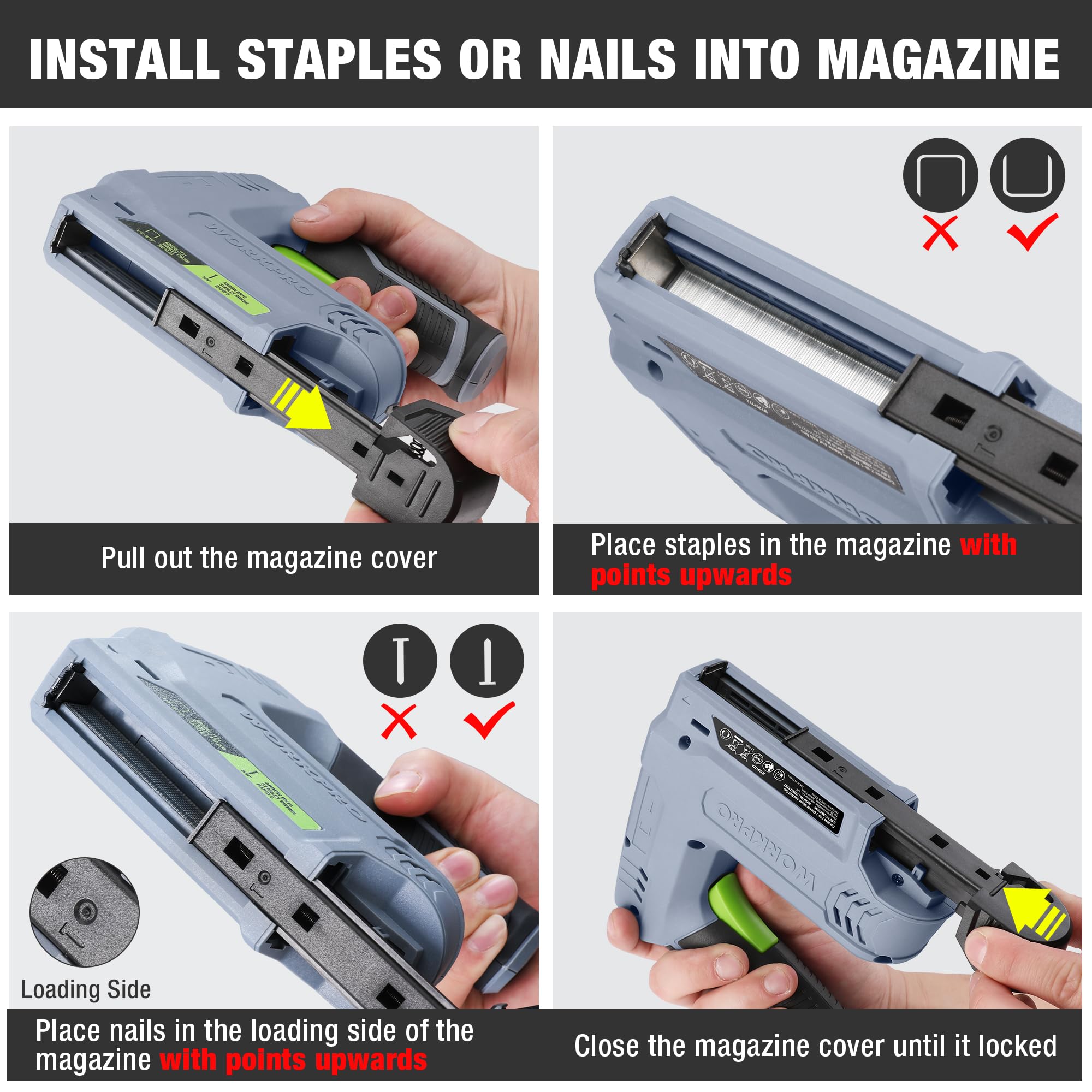 WORKPRO Electric Corded 4-in-1 Nail Gun, Professional Stapler for Wood Upholstery, Crafts, Framing, Decoration, DIY, Including 3000PCS of Staples and Nails