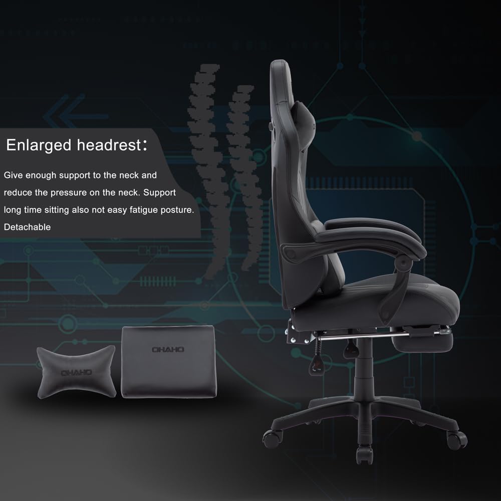 OHAHO Gaming Chair, Office Chair High Back Computer Chair Leather Desk Chair Racing Executive Ergonomic Adjustable Swivel Task Chair with Headrest and Lumbar Support (Dark Black)