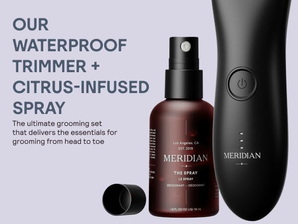 MERIDIAN - The Complete Package: Includes Men’s Waterproof Electric Below-The-Belt Trimmer and The Spray (50 mL) | Features Ceramic Blades and Sensitive Shave Tech (Sage)